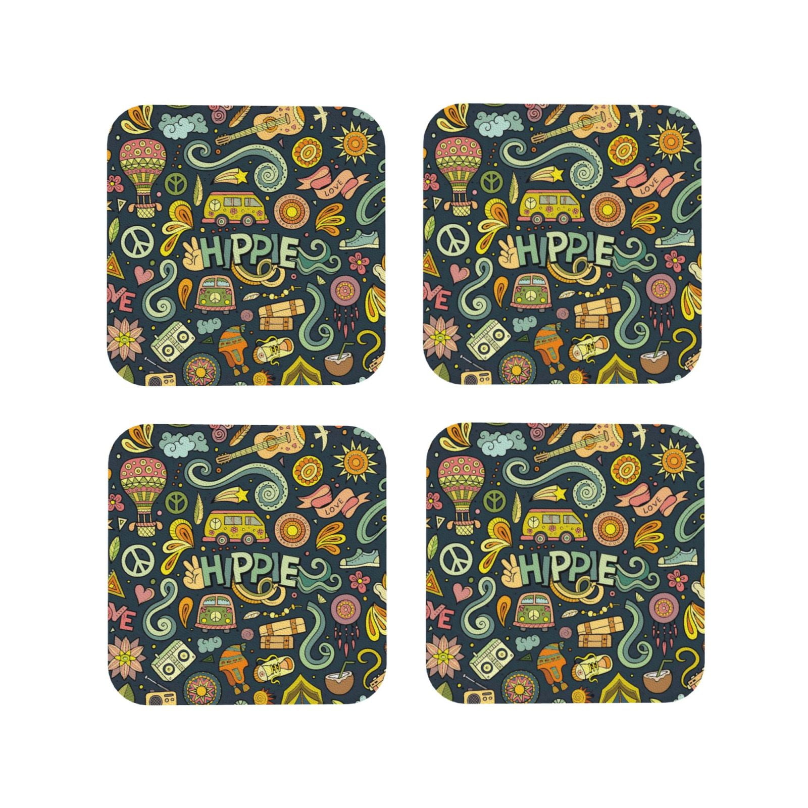 Drink Coasters, Colorful Hippie -PVC Leather Coasters Sets of 4 for ...