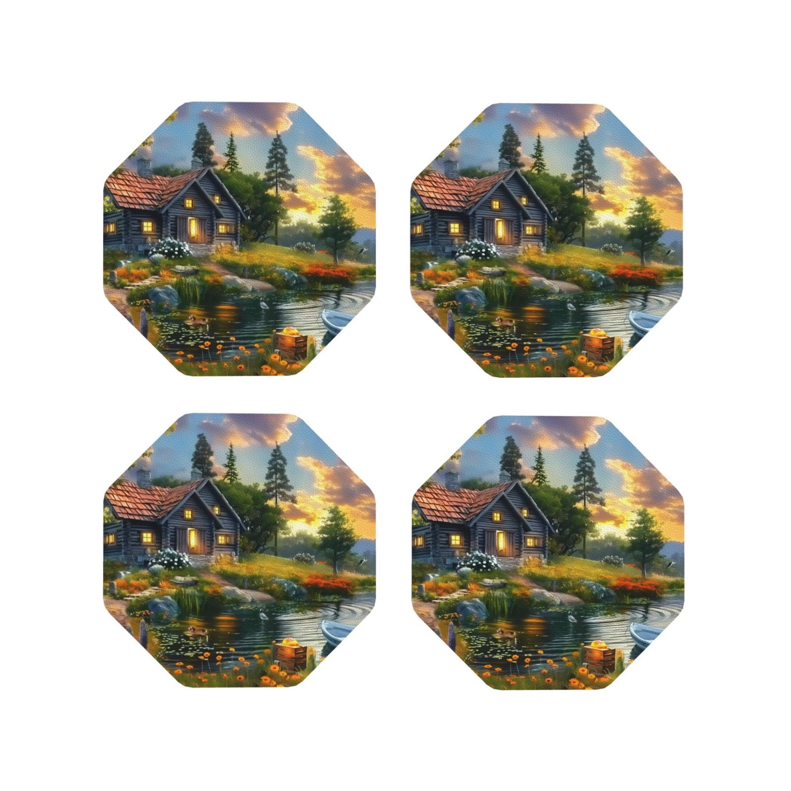 Drink Coasters, Cozy Cottage Lakeside Sunset -PVC Leather Coasters Sets ...