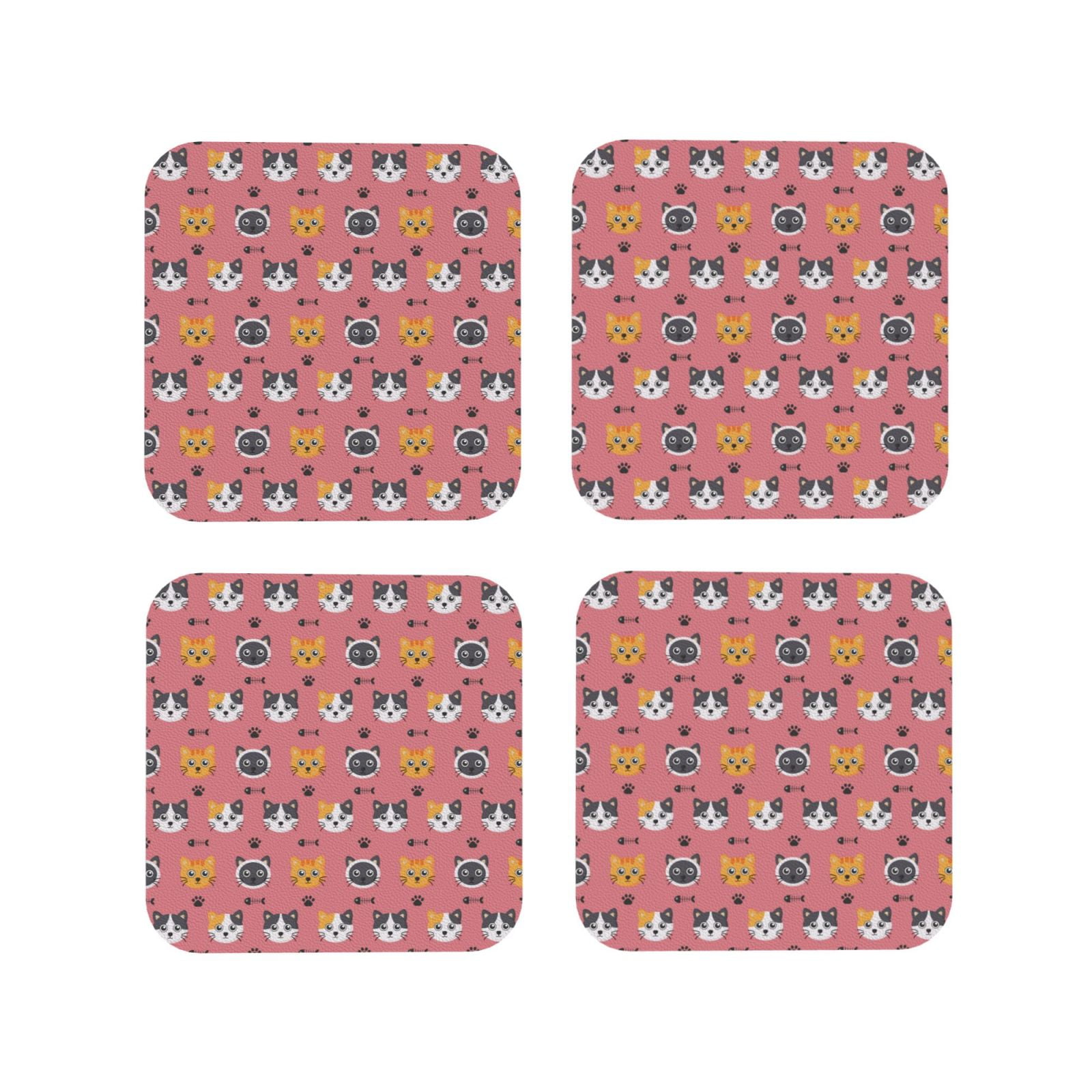 Drink Coasters, Cute Cartoon Cat Fishbone -PVC Leather Coasters Sets of ...