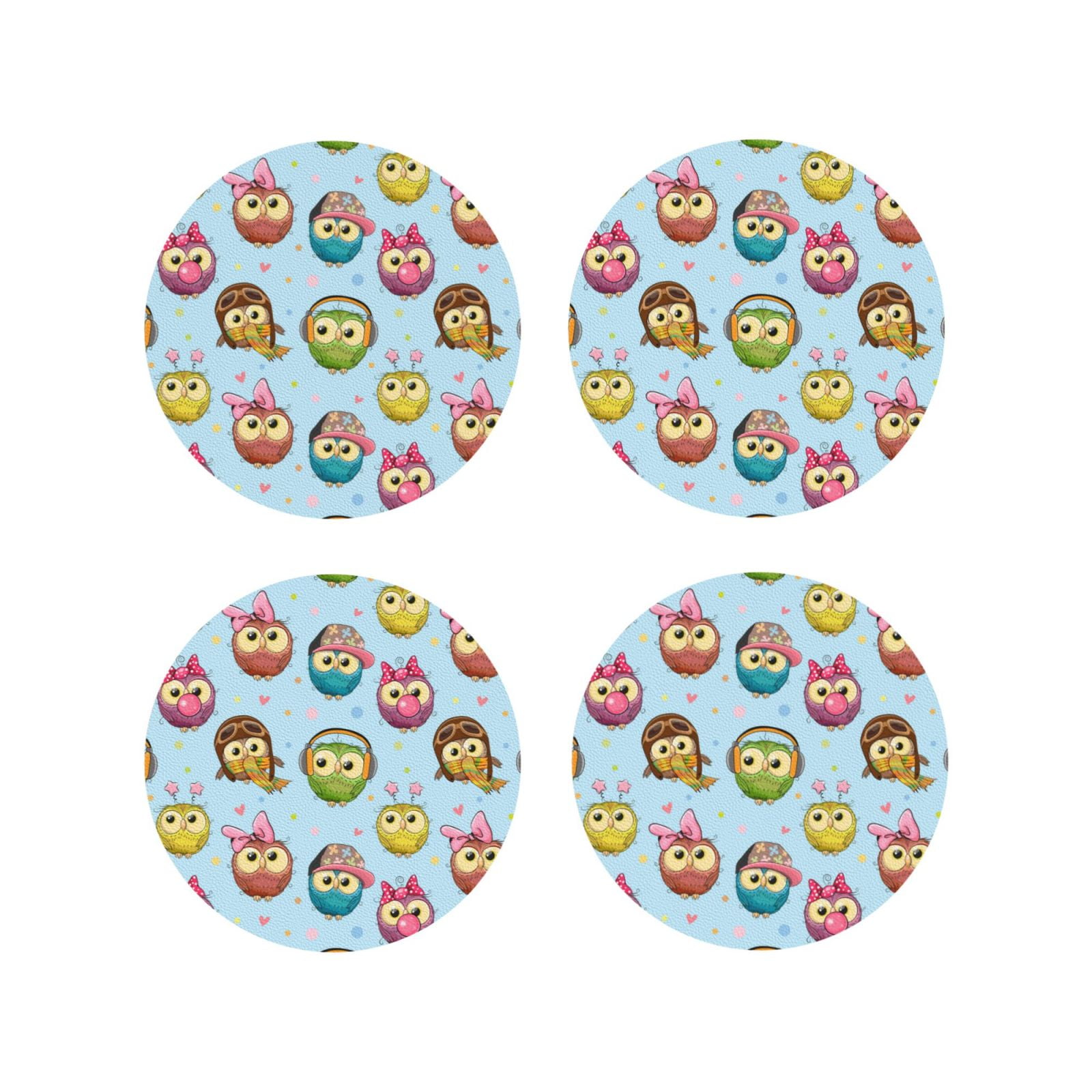Drink Coasters, Cute Cartoon Colorful Owls -PVC Leather Coasters Sets ...