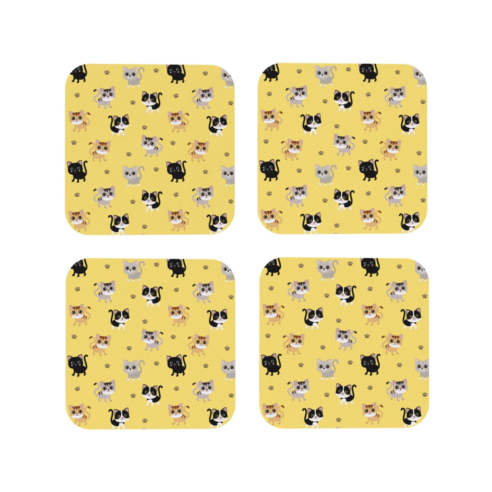 Drink Coasters, Cute Cat Cartoon Style Yellow -PVC Leather Coasters ...