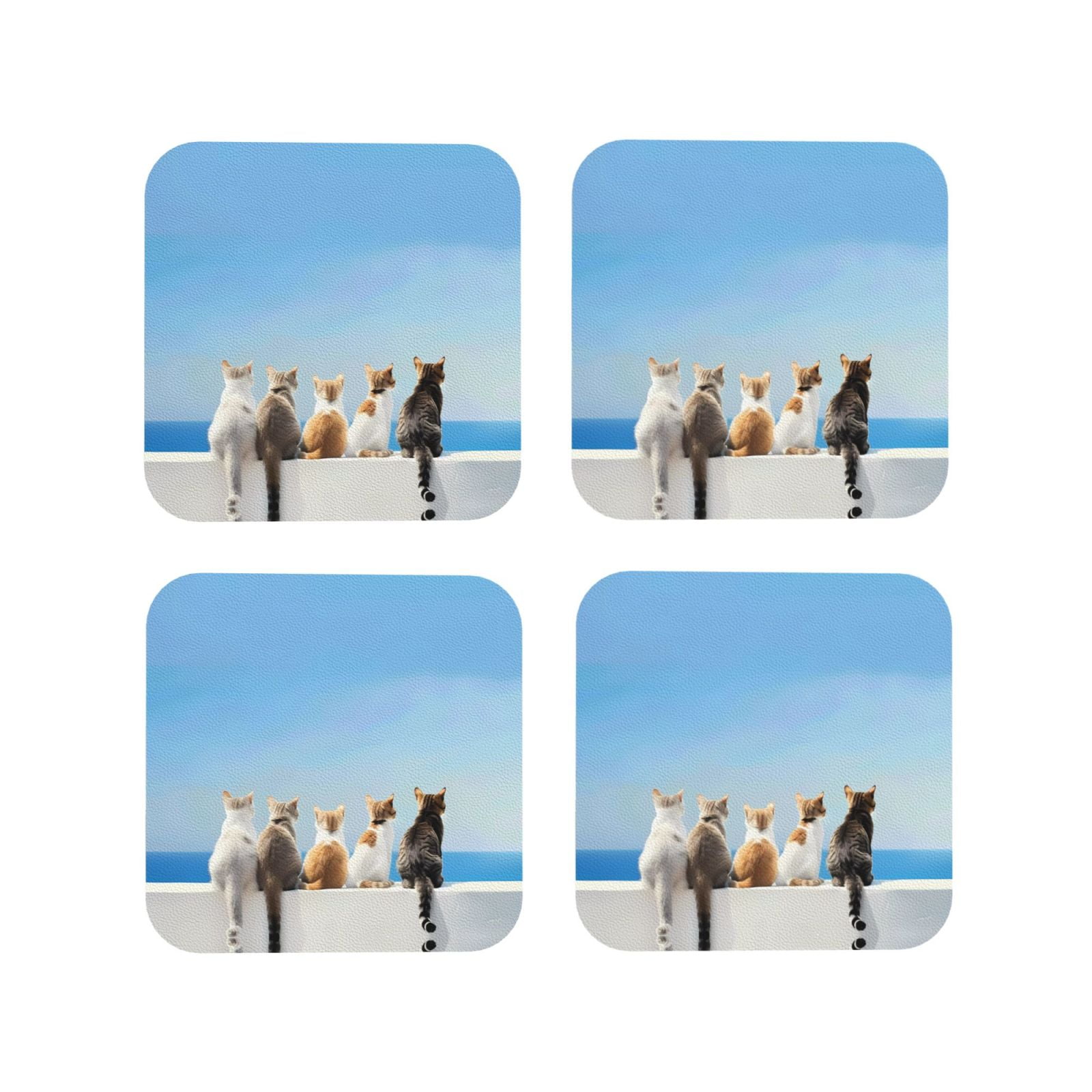Drink Coasters, Cute Cats Watching Ocean -PVC Leather Coasters Sets of ...