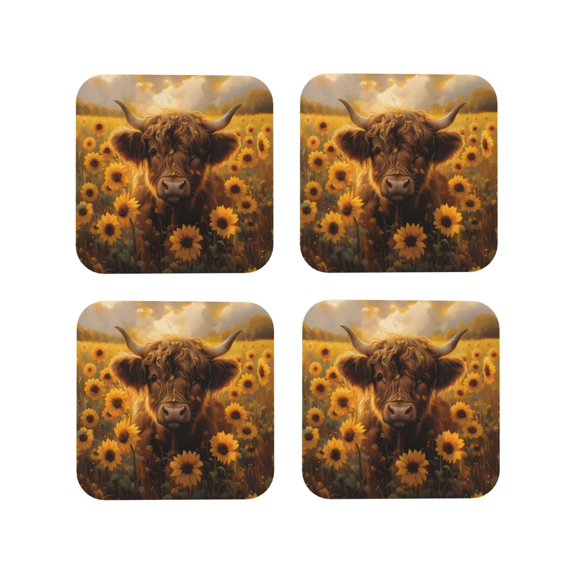 Drink Coasters, Cute Cow Sunflower Field -PVC Leather Coasters Sets of ...