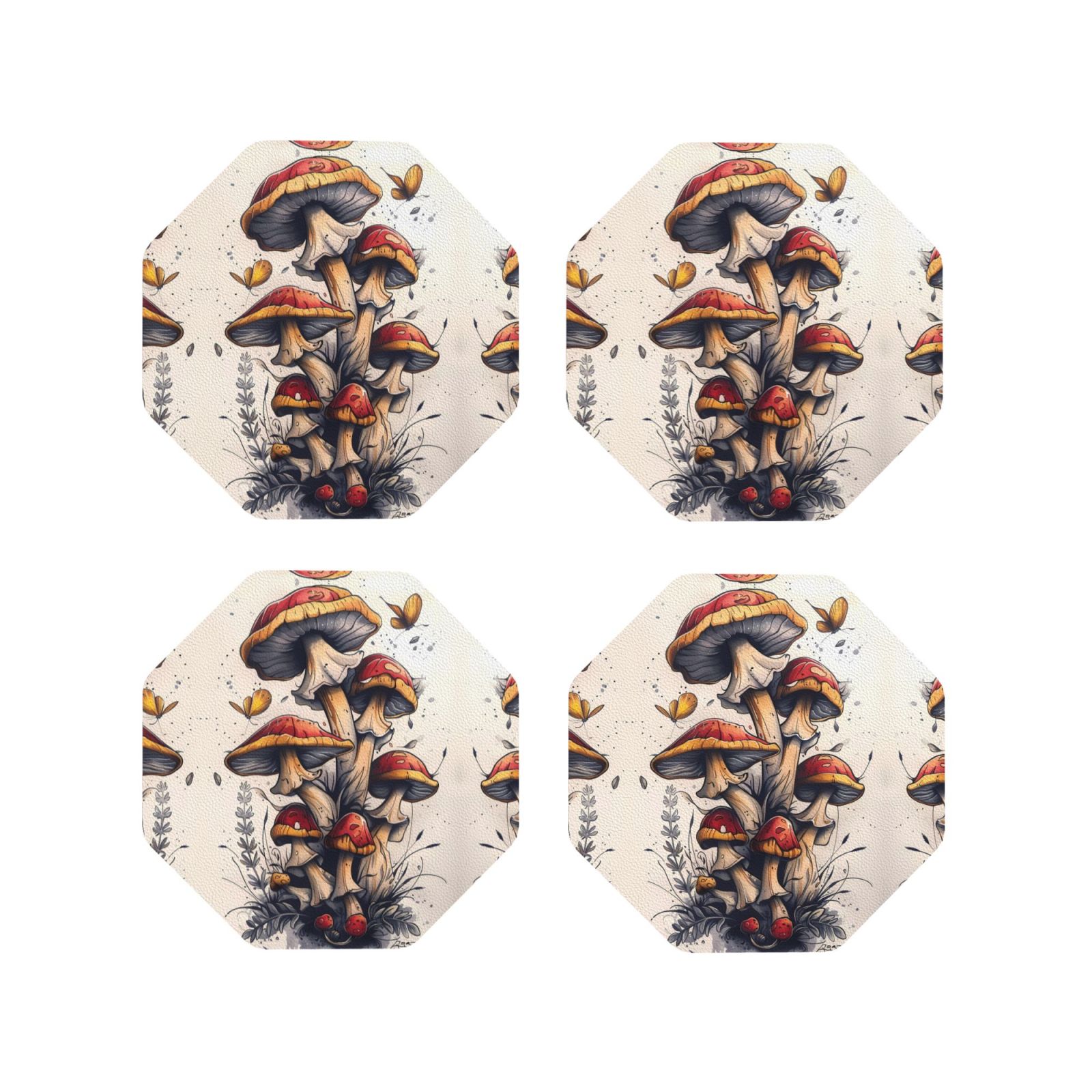 Drink Coasters, Cute Forest Mushrooms -PVC Leather Coasters Sets of 4 ...