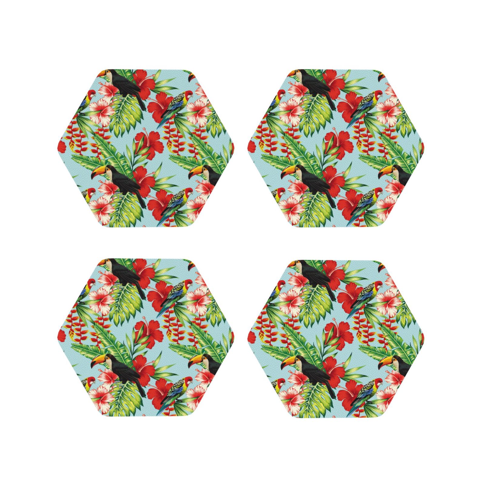 Drink Coasters, Cute Toucan Parrot Flowers Leaves -PVC Leather Coasters ...