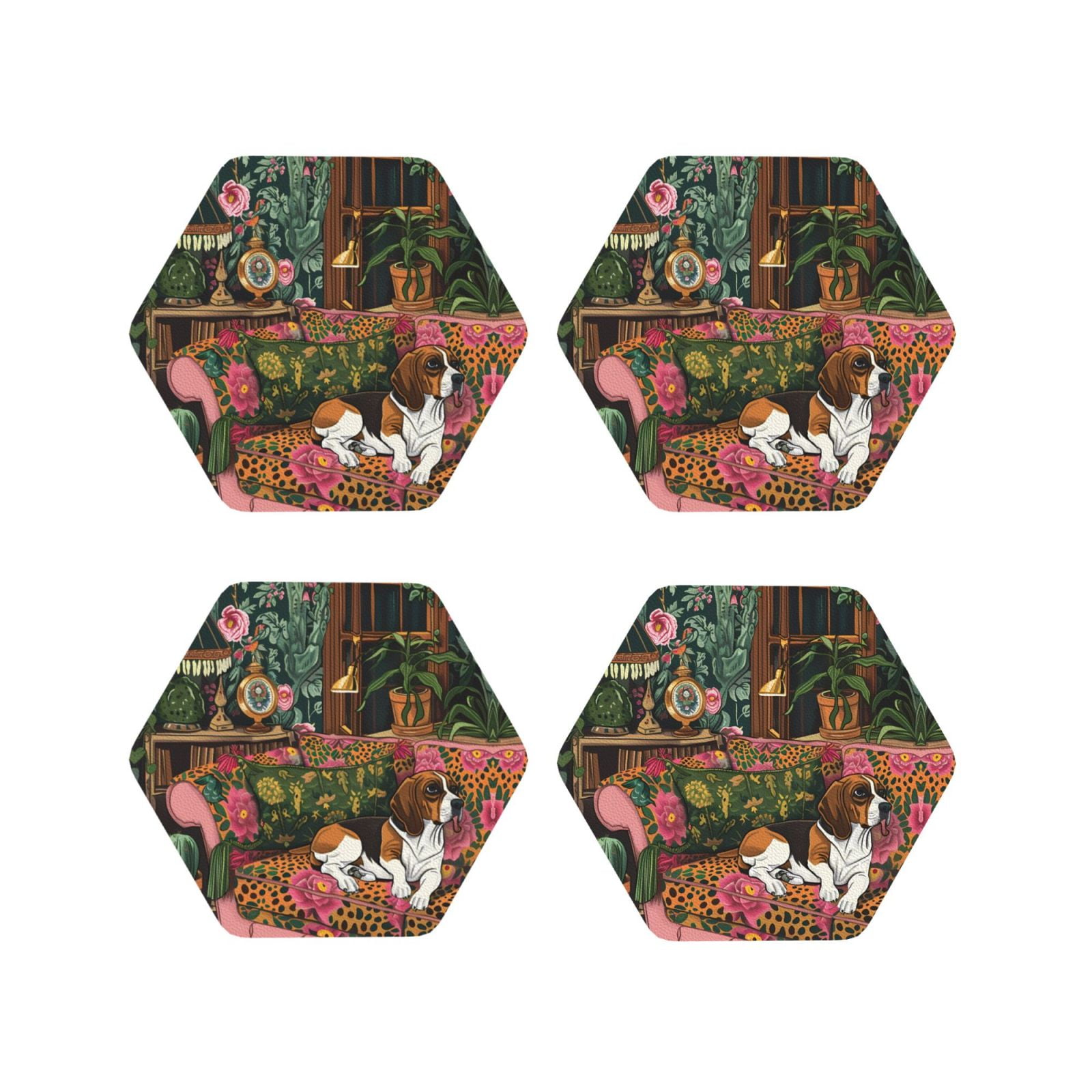 Drink Coasters, Dog On Floral Couch -PVC Leather Coasters Sets of 4 for ...