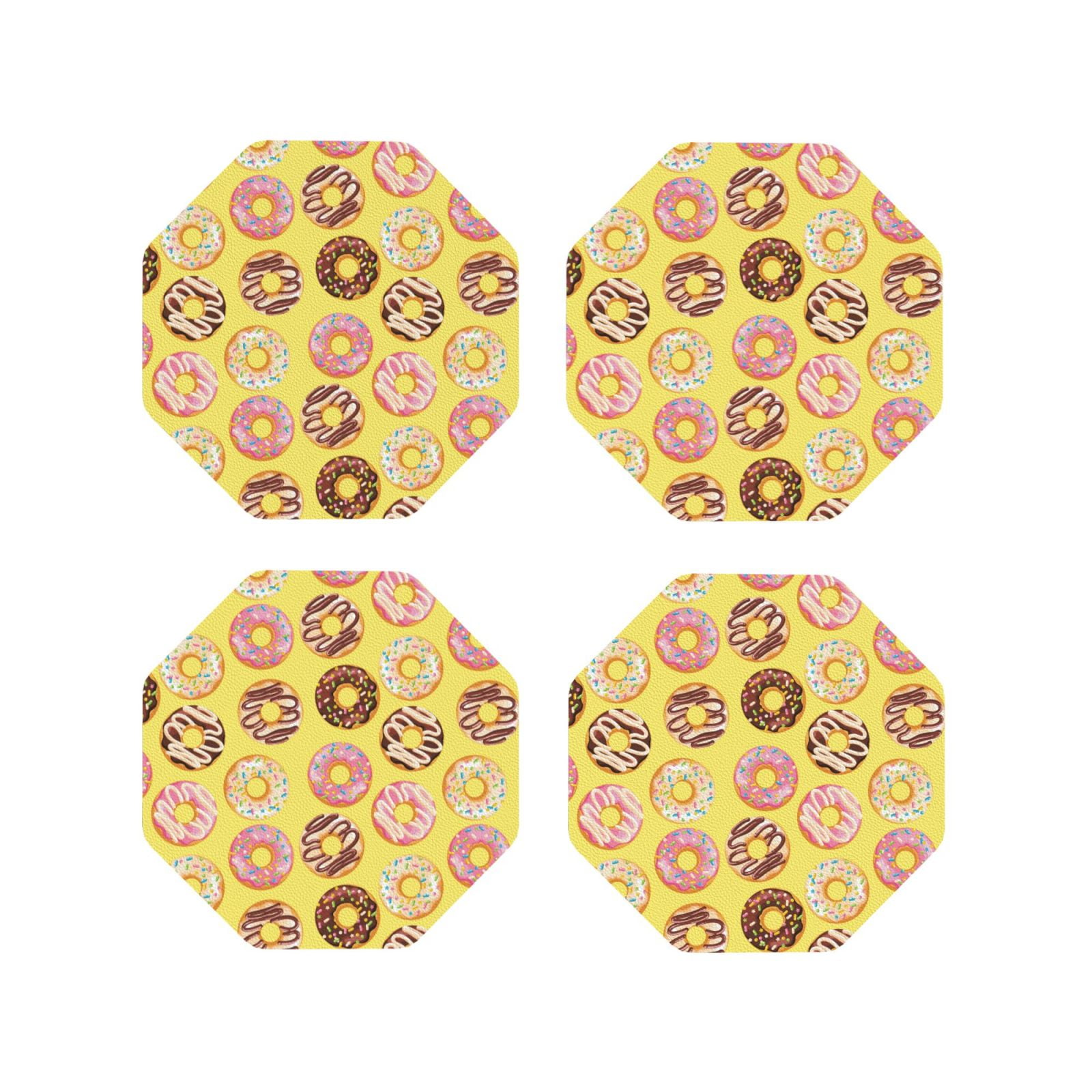 Drink Coasters, Donut Print Yellow -PVC Leather Coasters Sets of 4 for ...