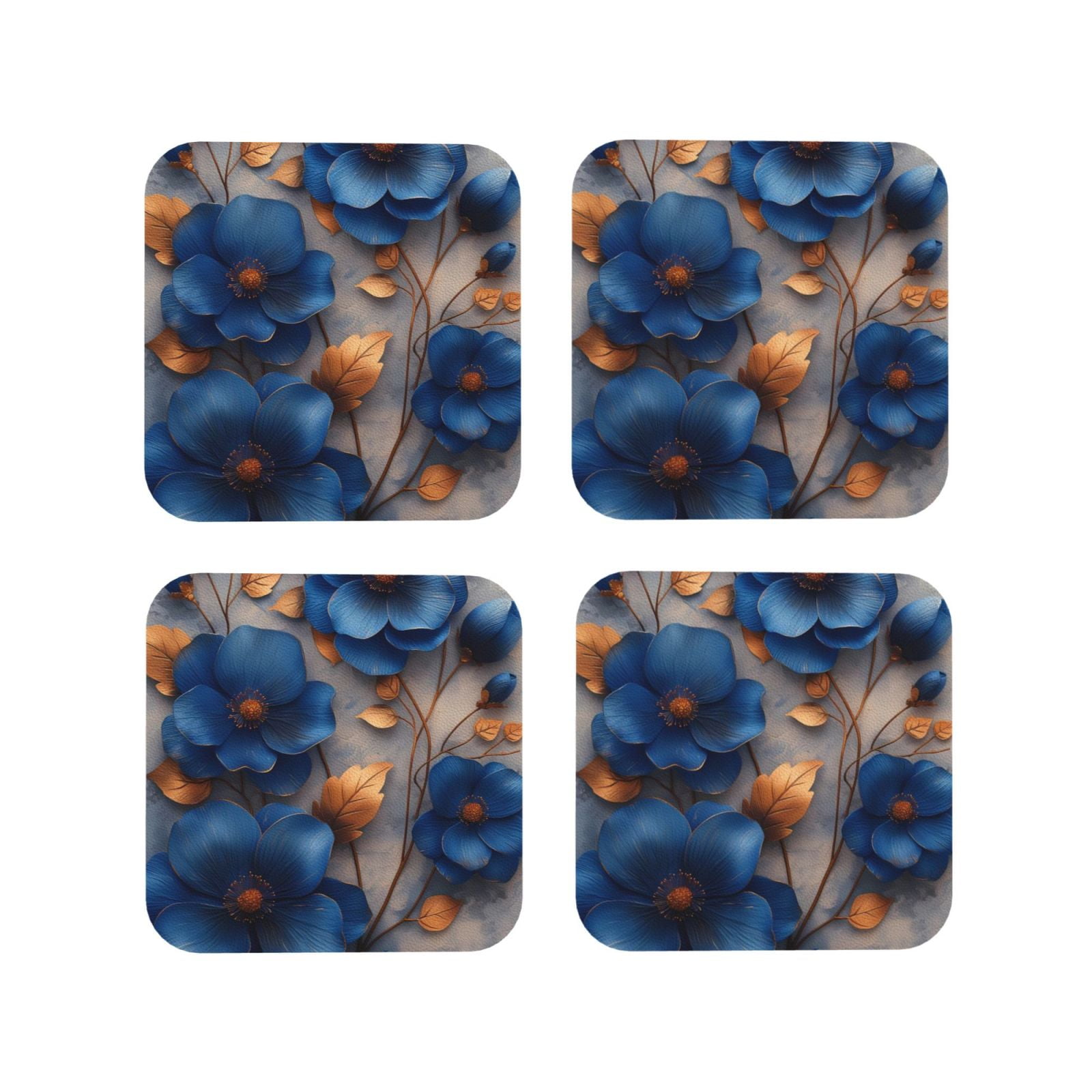 Drink Coasters, Elegant Blue Gold Blooms -PVC Leather Coasters Sets of ...