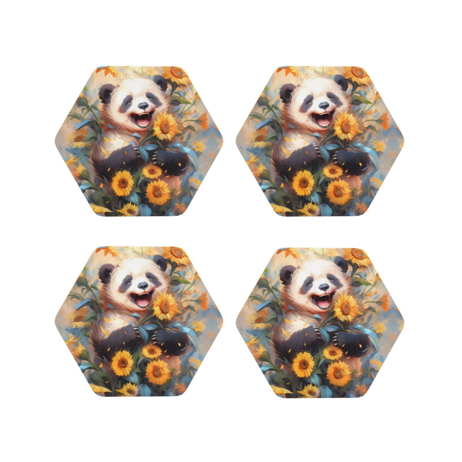 Drink Coasters, Elegant Cute Panda Sunflower -PVC Leather Coasters Sets ...