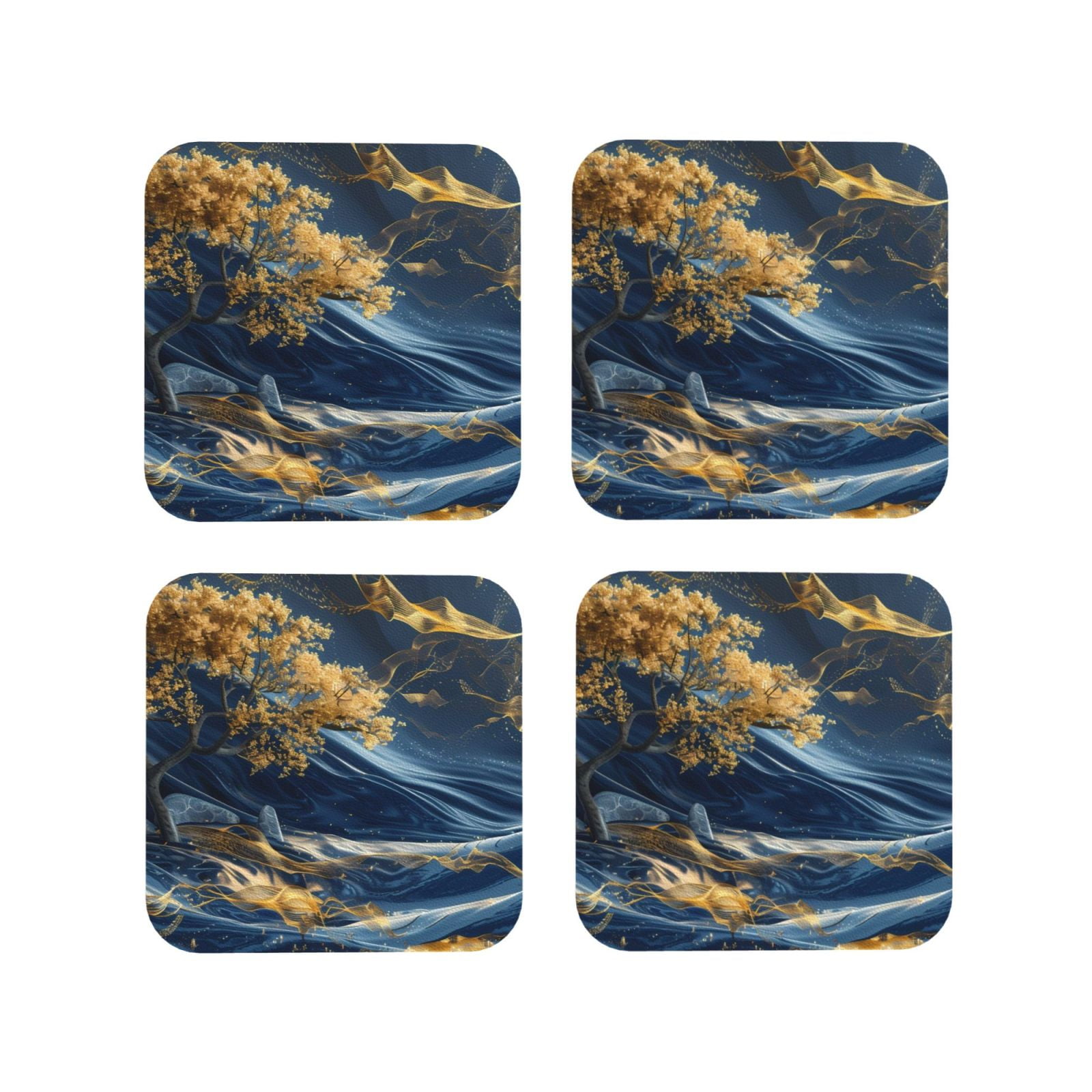 Drink Coasters, Golden Fantasy Landscape -PVC Leather Coasters Sets of ...