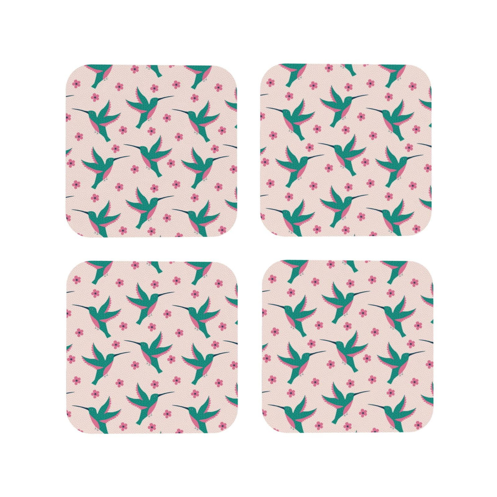 Drink Coasters, Green Hummingbird Pink Flower -PVC Leather Coasters ...