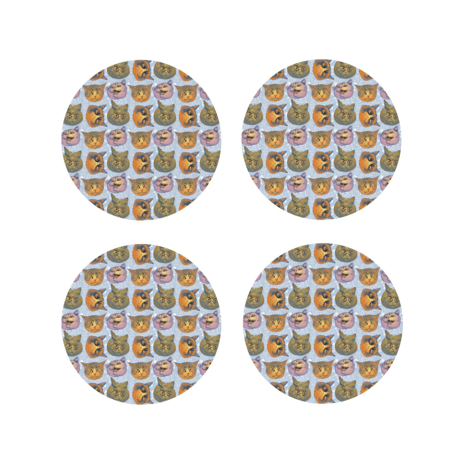Drink Coasters, Hand Drawn Funny Cat Face -PVC Leather Coasters Sets of ...