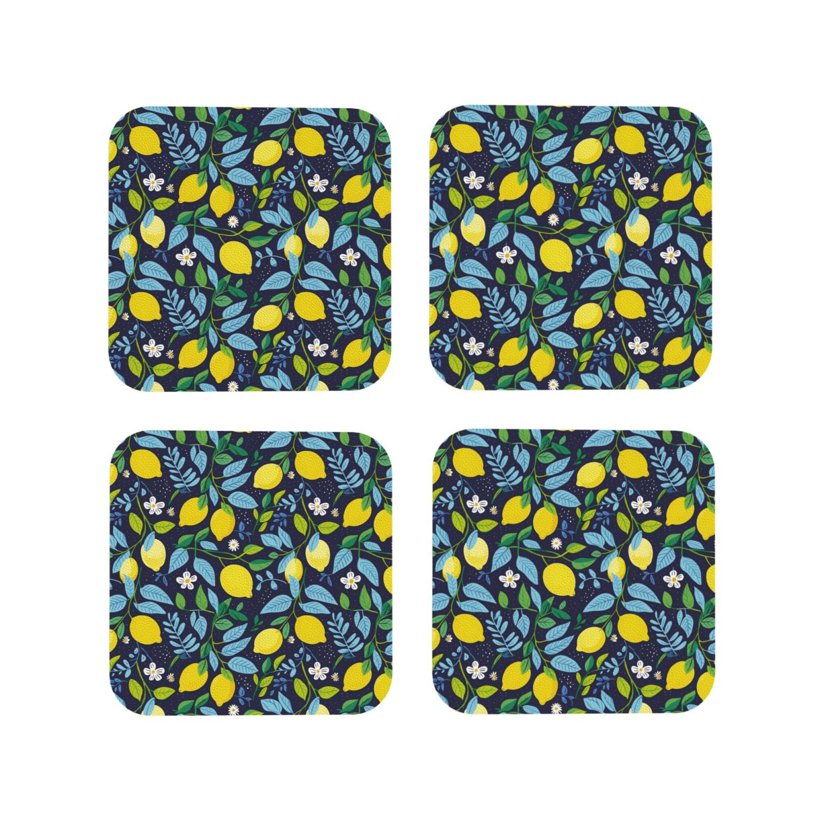 Drink Coasters, Lemon floral leaves print -PVC Leather Coasters Sets of ...