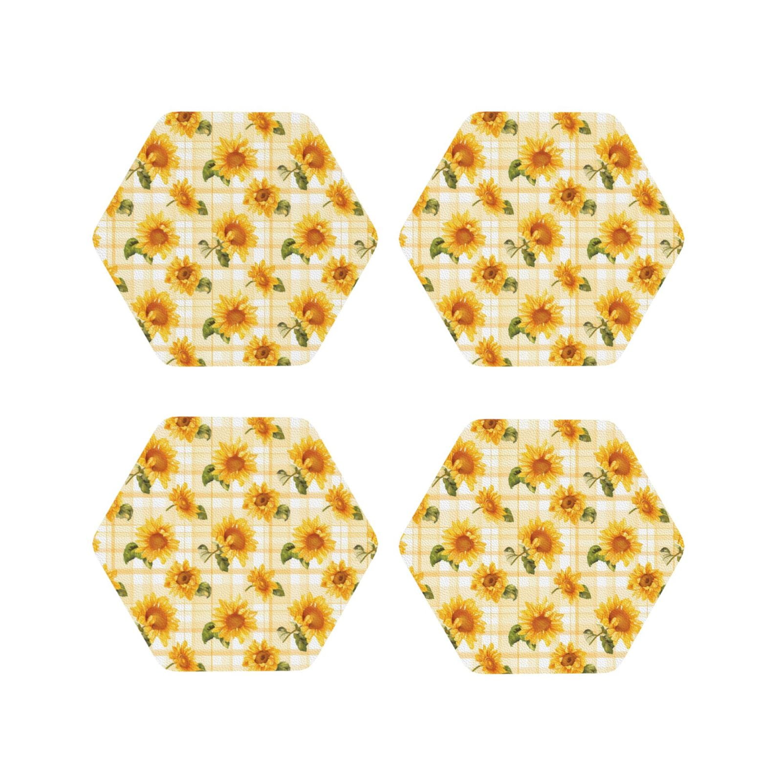 Drink Coasters, Light Yellow Plaid Sunflower -PVC Leather Coasters Sets ...