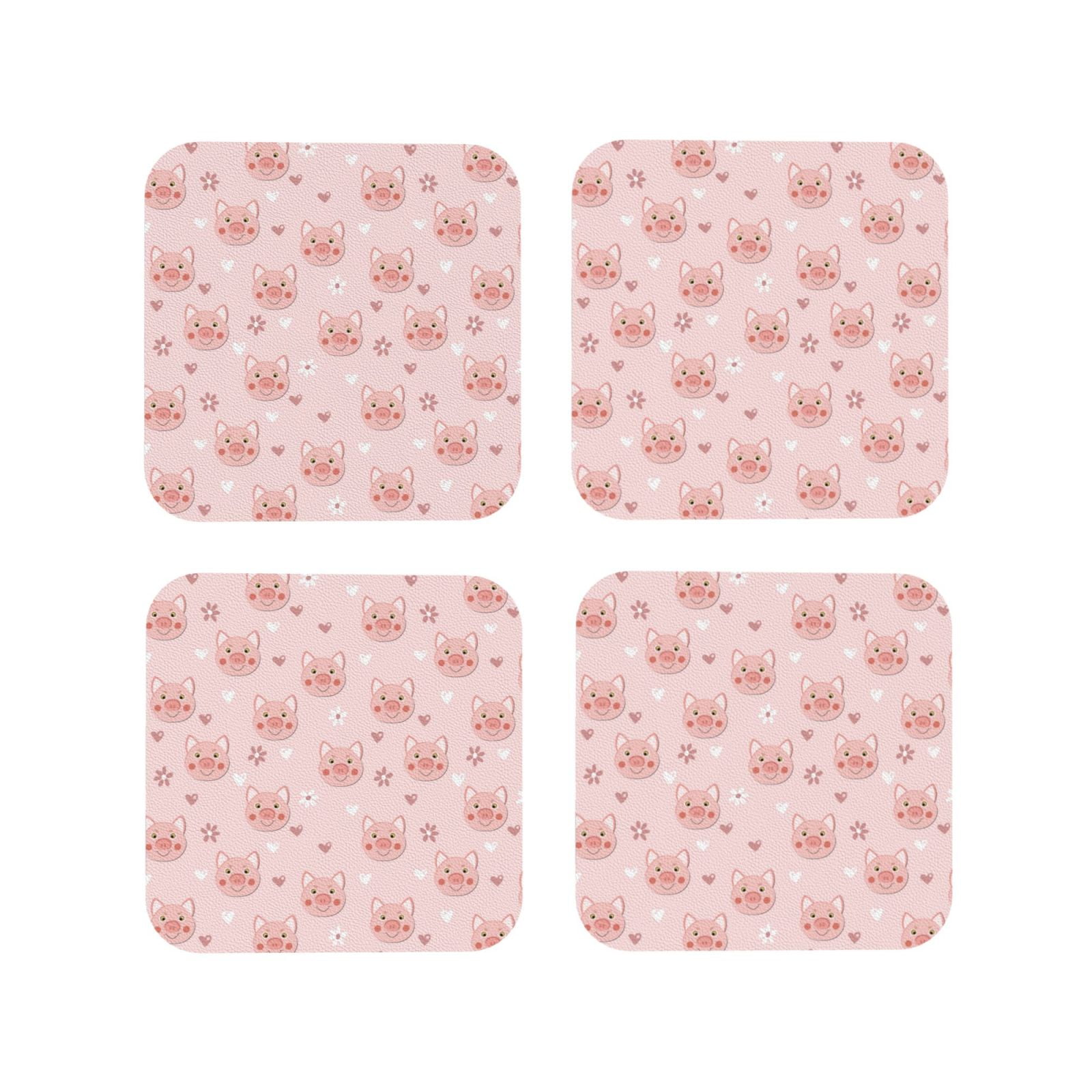 Drink Coasters, Modern Cartoon Cute Pig Pink -PVC Leather Coasters Sets ...