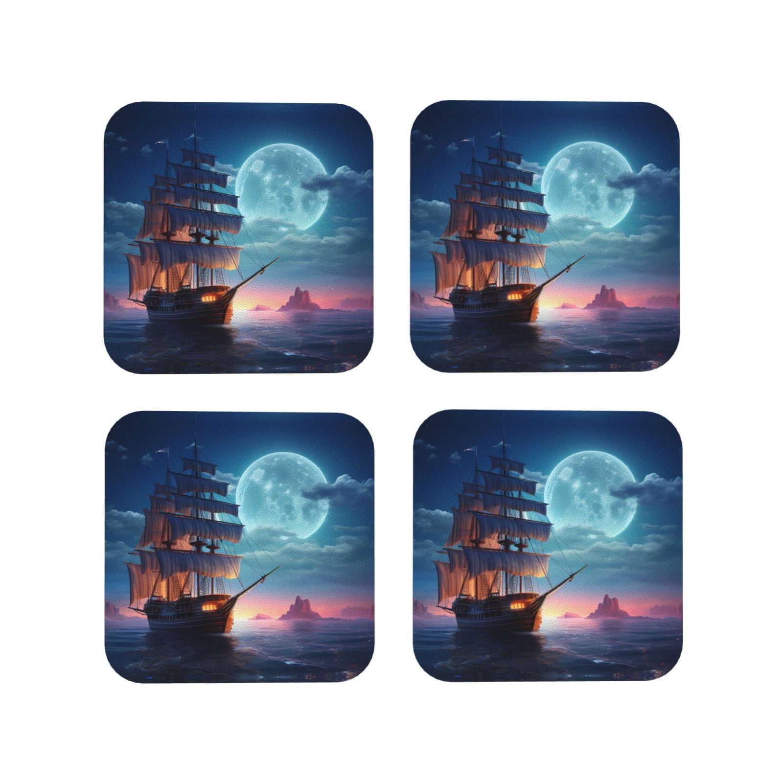 Drink Coasters, Moonlit Night Sky Sailboat -PVC Leather Coasters Sets ...