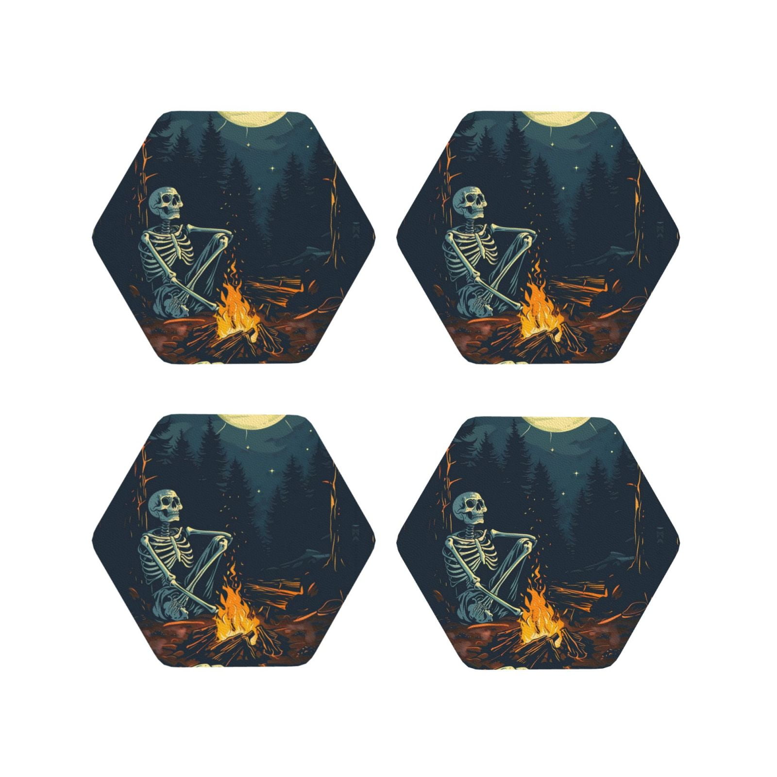 Drink Coasters, Moonlit Skeleton Campfire -PVC Leather Coasters Sets of ...