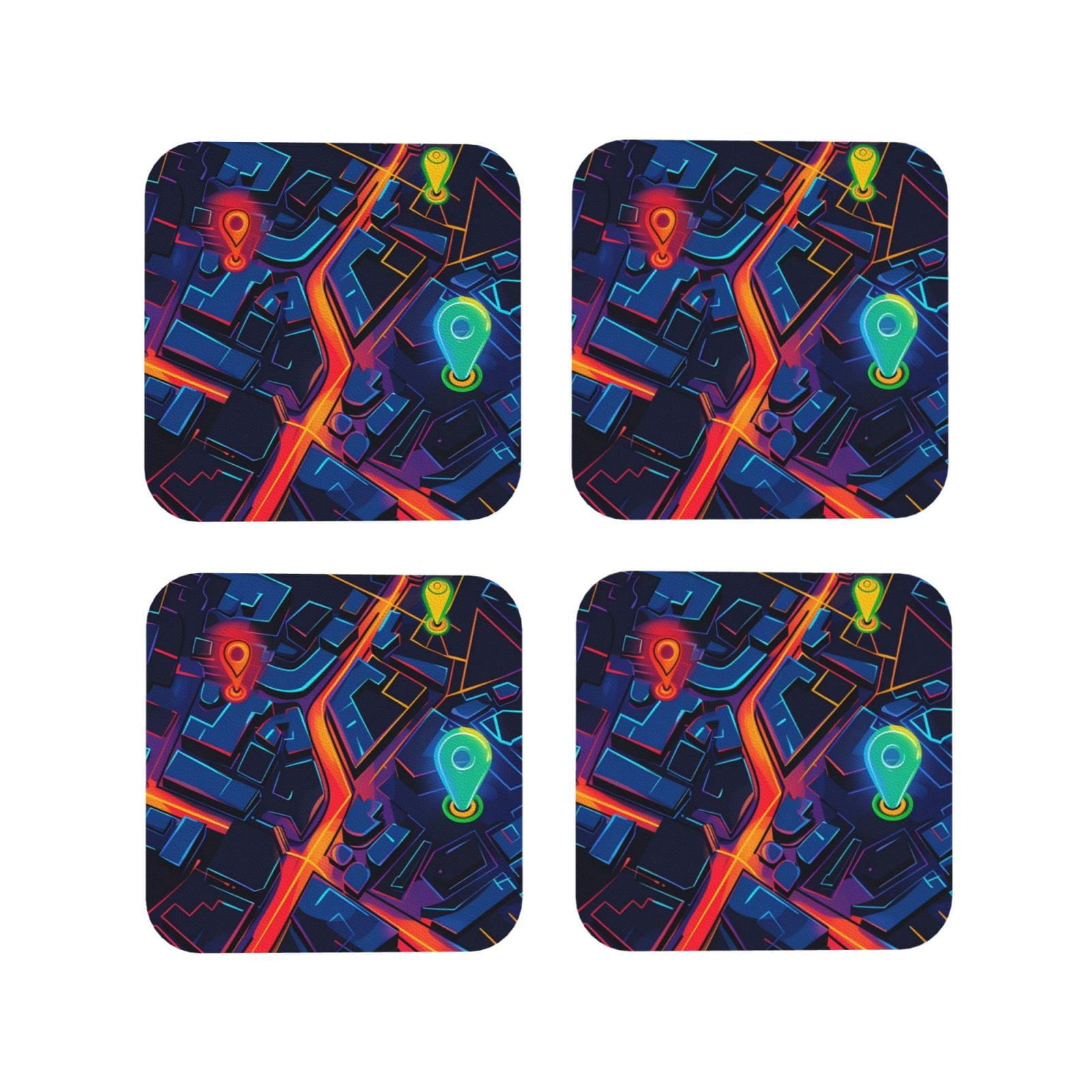 Drink Coasters, Neon City Map -PVC Leather Coasters Sets of 4 for ...