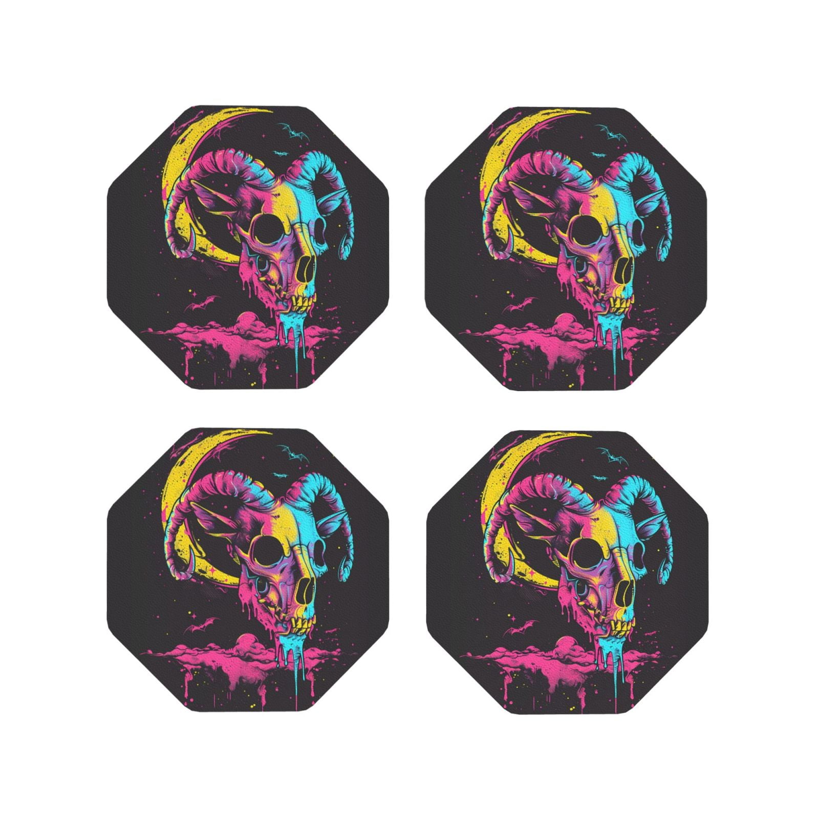 Drink Coasters, Neon Gothic Skull Moon -PVC Leather Coasters Sets of 4 ...