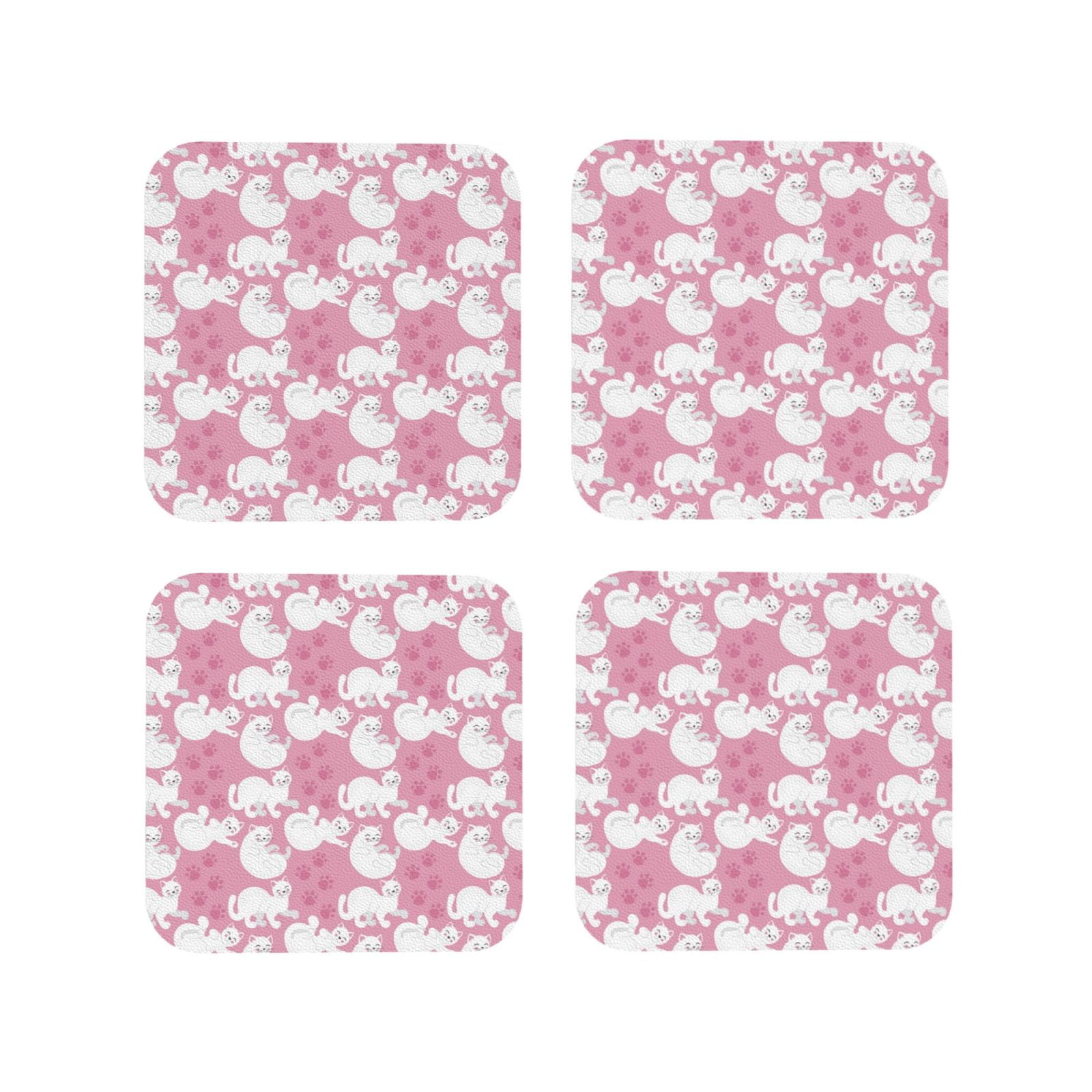 Drink Coasters, Pink Cartoon Cute Cat Footprints -PVC Leather Coasters ...