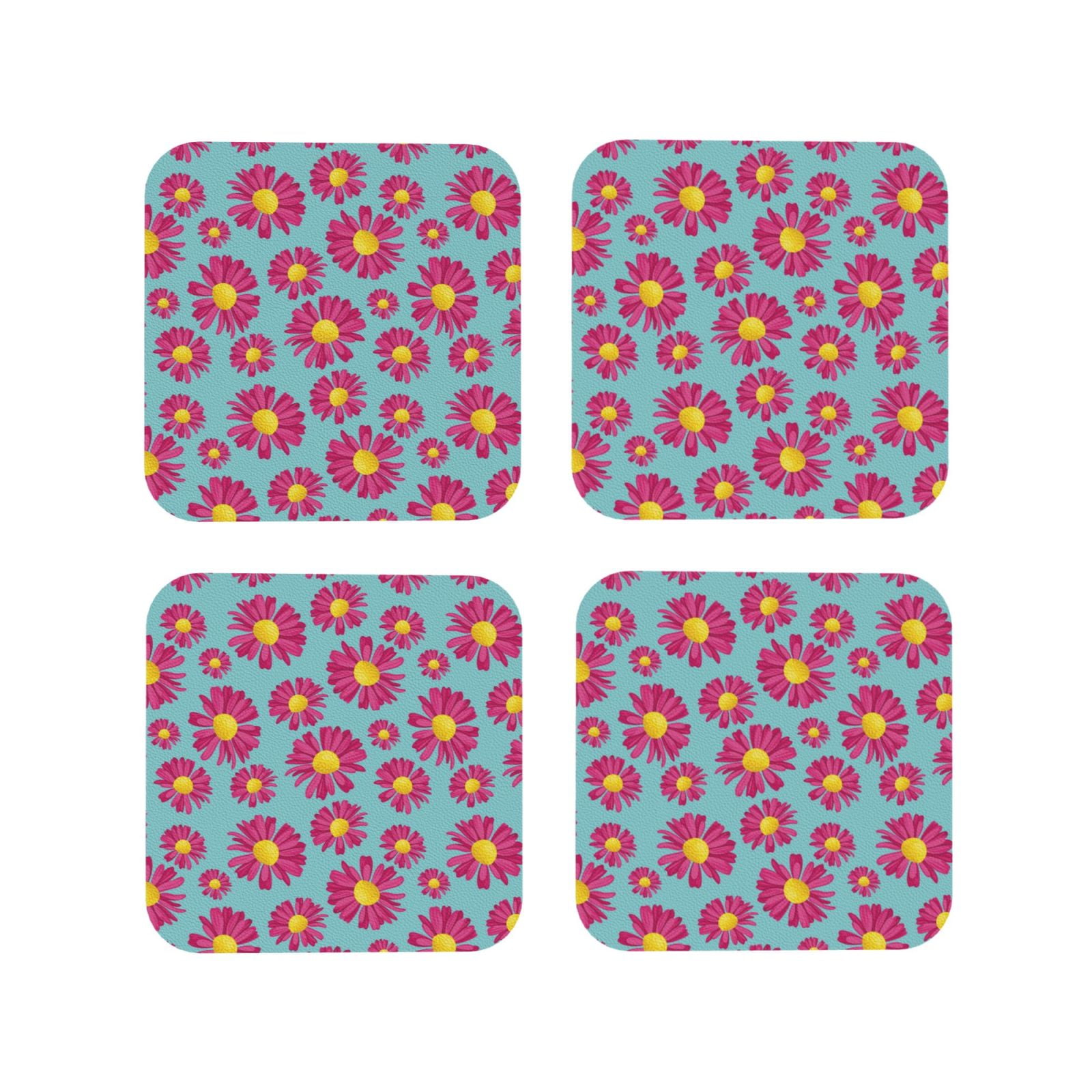 Drink Coasters, Purple Red Daisies Flowers PVC Leather Coasters Sets of ...