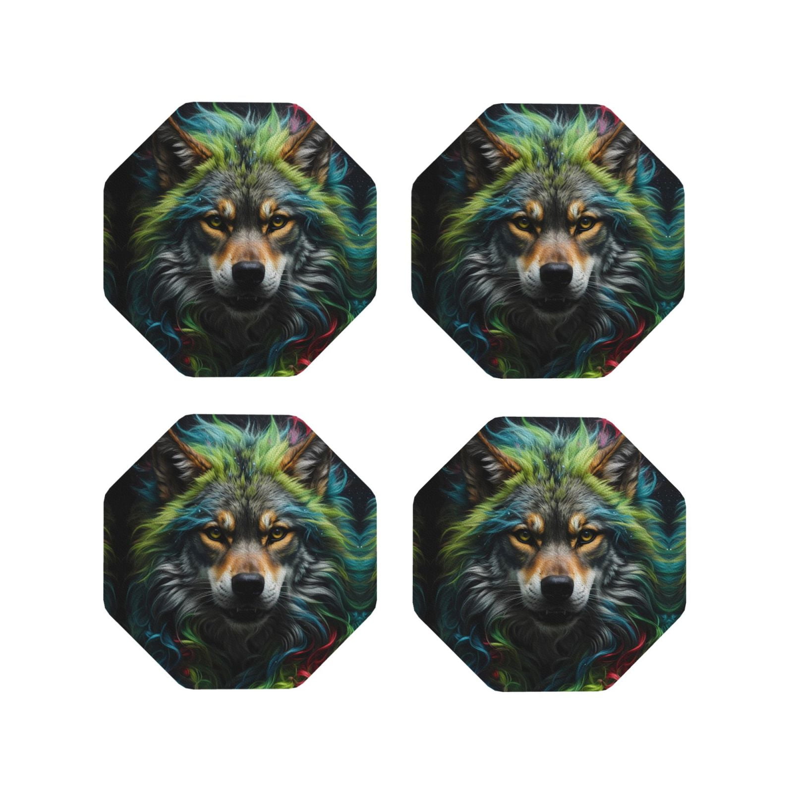 Drink Coasters, Realistic Style Colorful Wolf -PVC Leather Coasters ...