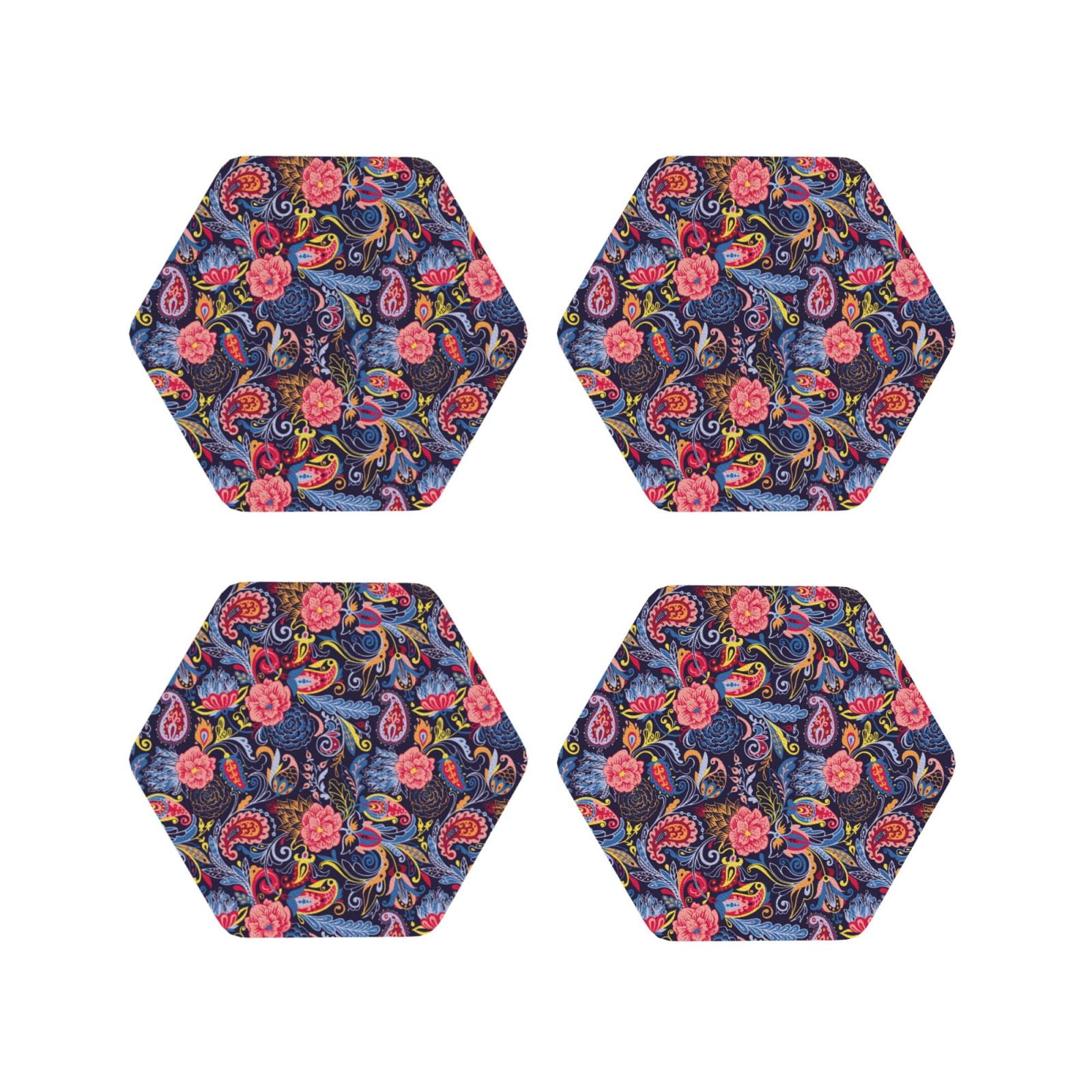 Drink Coasters, Red Blue Flower Paisley -PVC Leather Coasters Sets of 4 ...