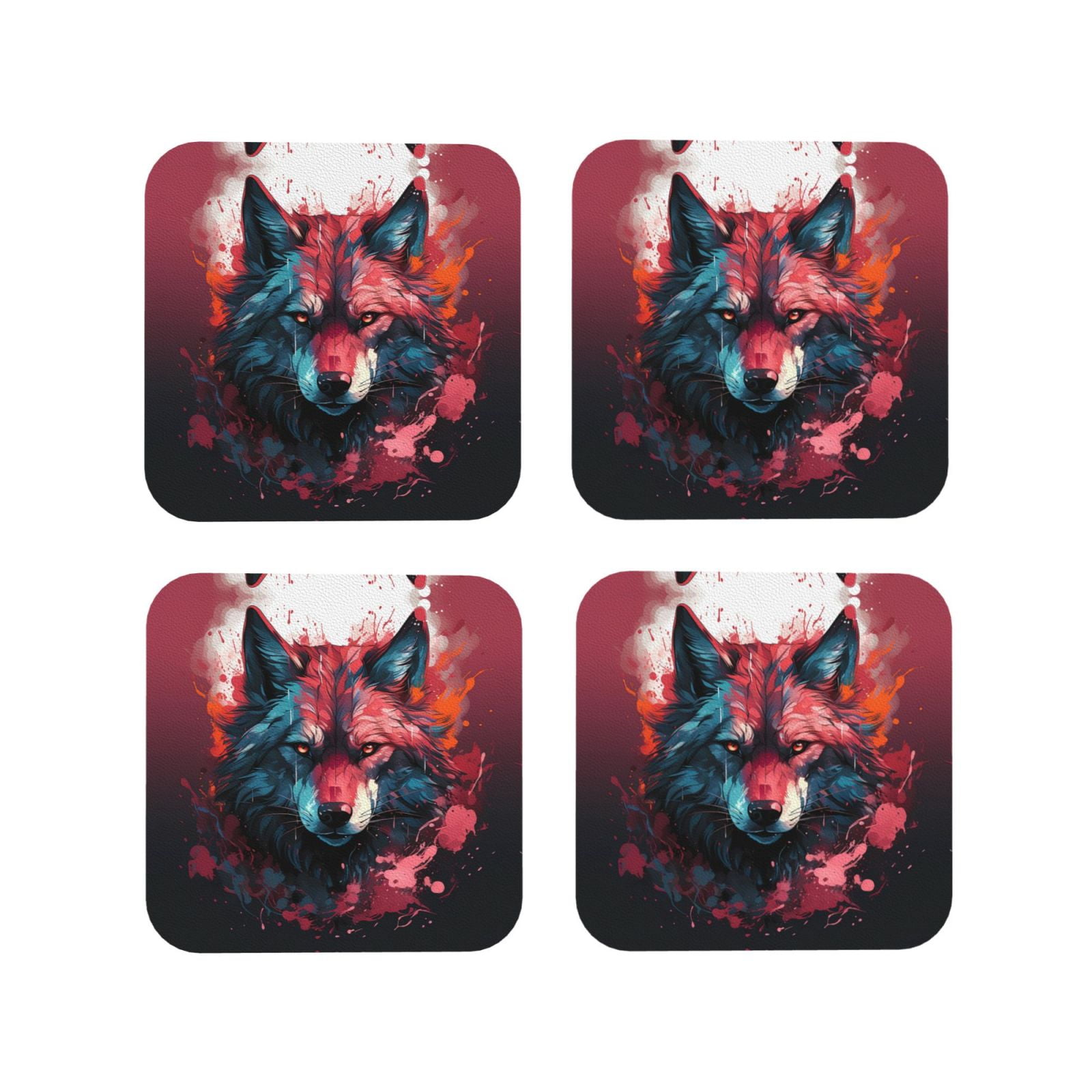 Drink Coasters, Red Flame Wolf Head -PVC Leather Coasters Sets of 4 for ...