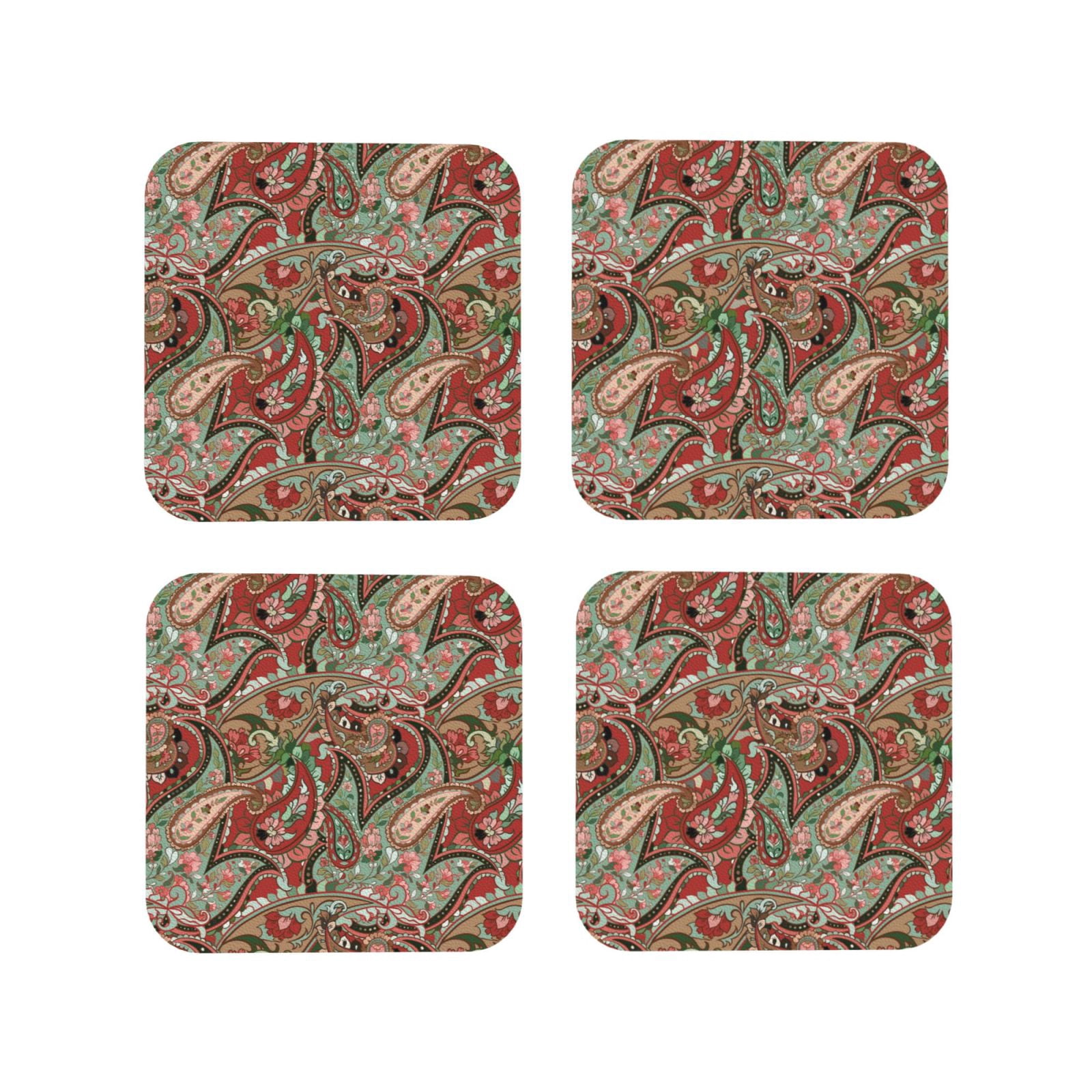 Drink Coasters, Red Flower Paisley -PVC Leather Coasters Sets of 4 for ...