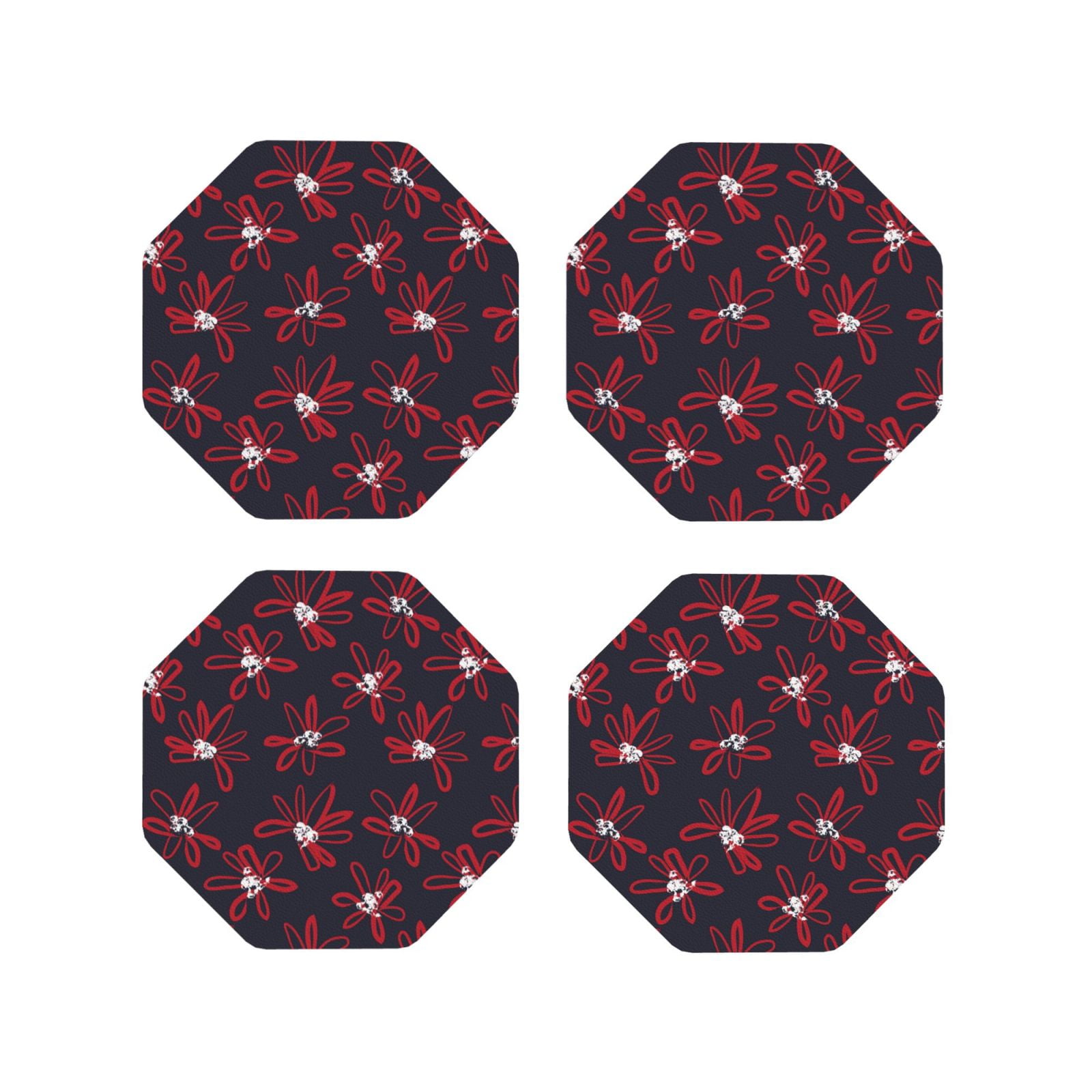 Drink Coasters, Red Navy Floral -PVC Leather Coasters Sets of 4 for ...