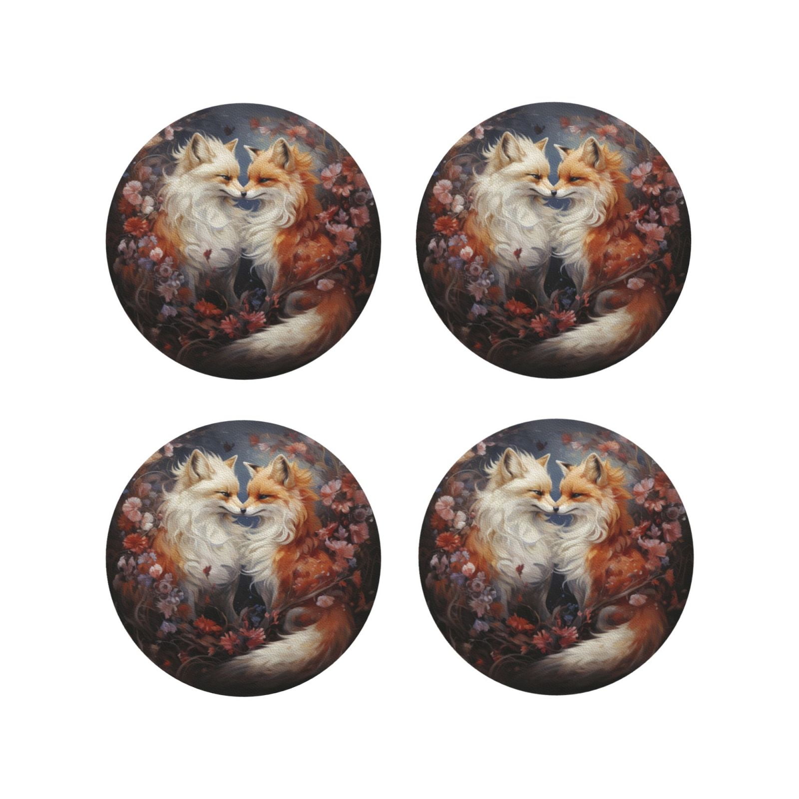 Drink Coasters, Romantic Flower Fox Couple -PVC Leather Coasters Sets ...