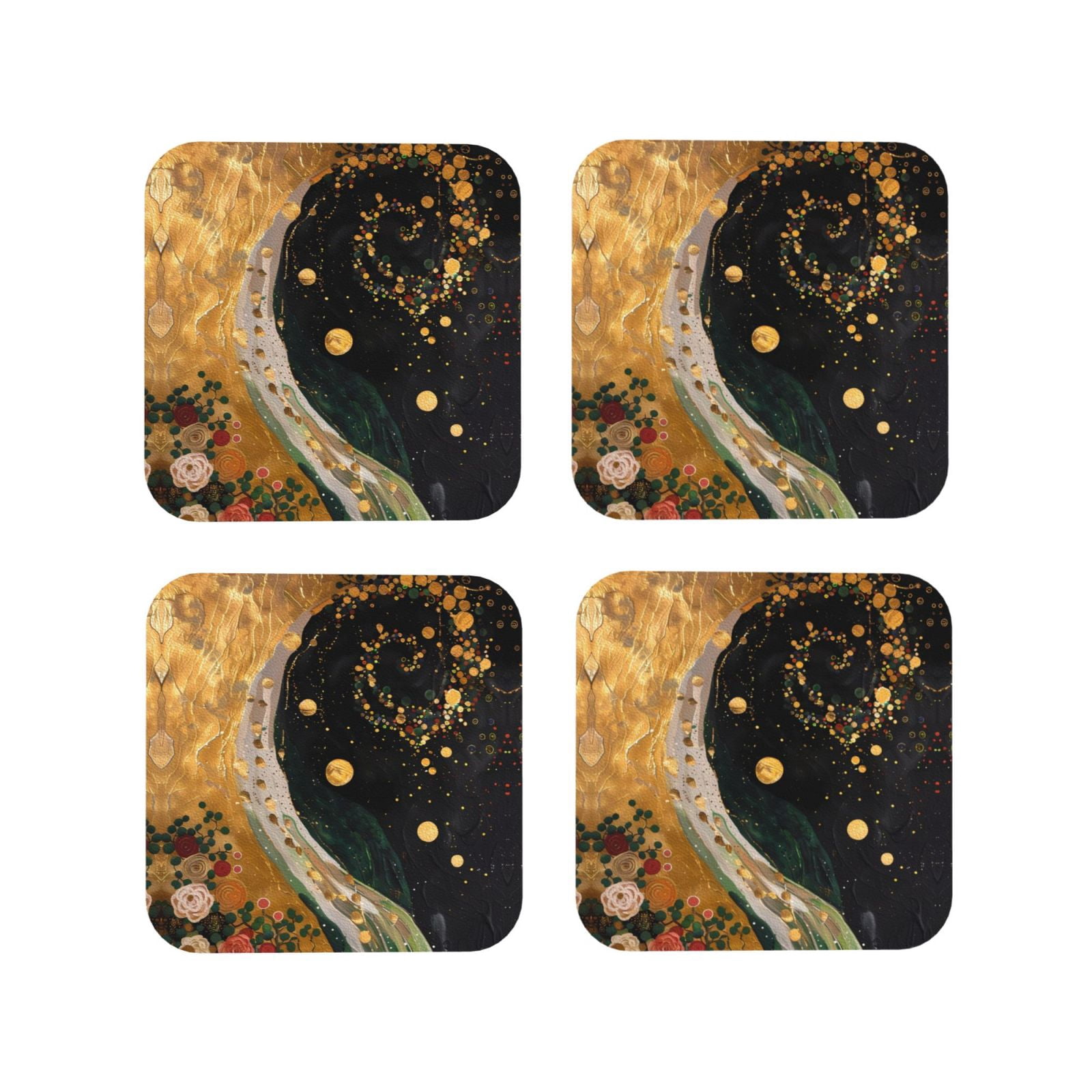 Drink Coasters Set of 4, Abstract Gold Floral Galaxy Leather Coasters ...