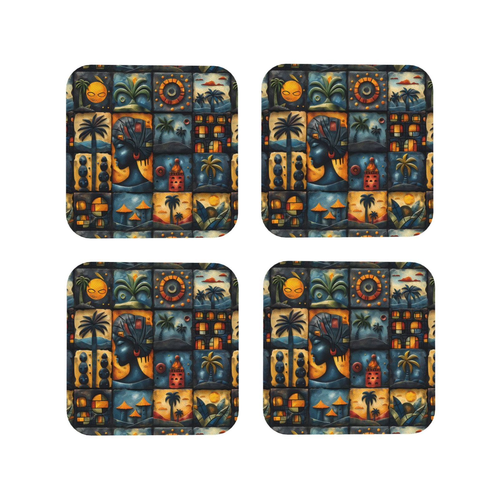 Drink Coasters Set of 4, African Art Tile Mosaic Leather Coasters for ...
