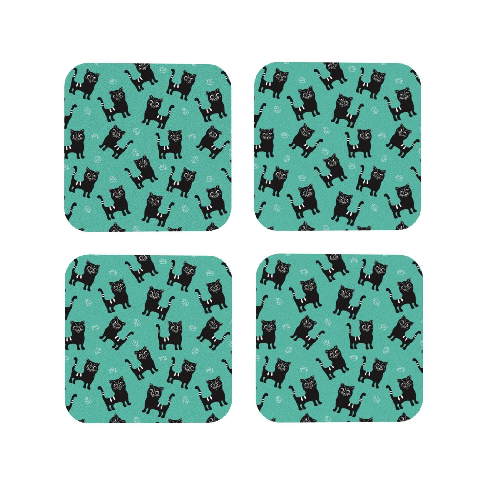 Drink Coasters Set of 4 - Artsy Cute Cat Black Leather Coasters for ...