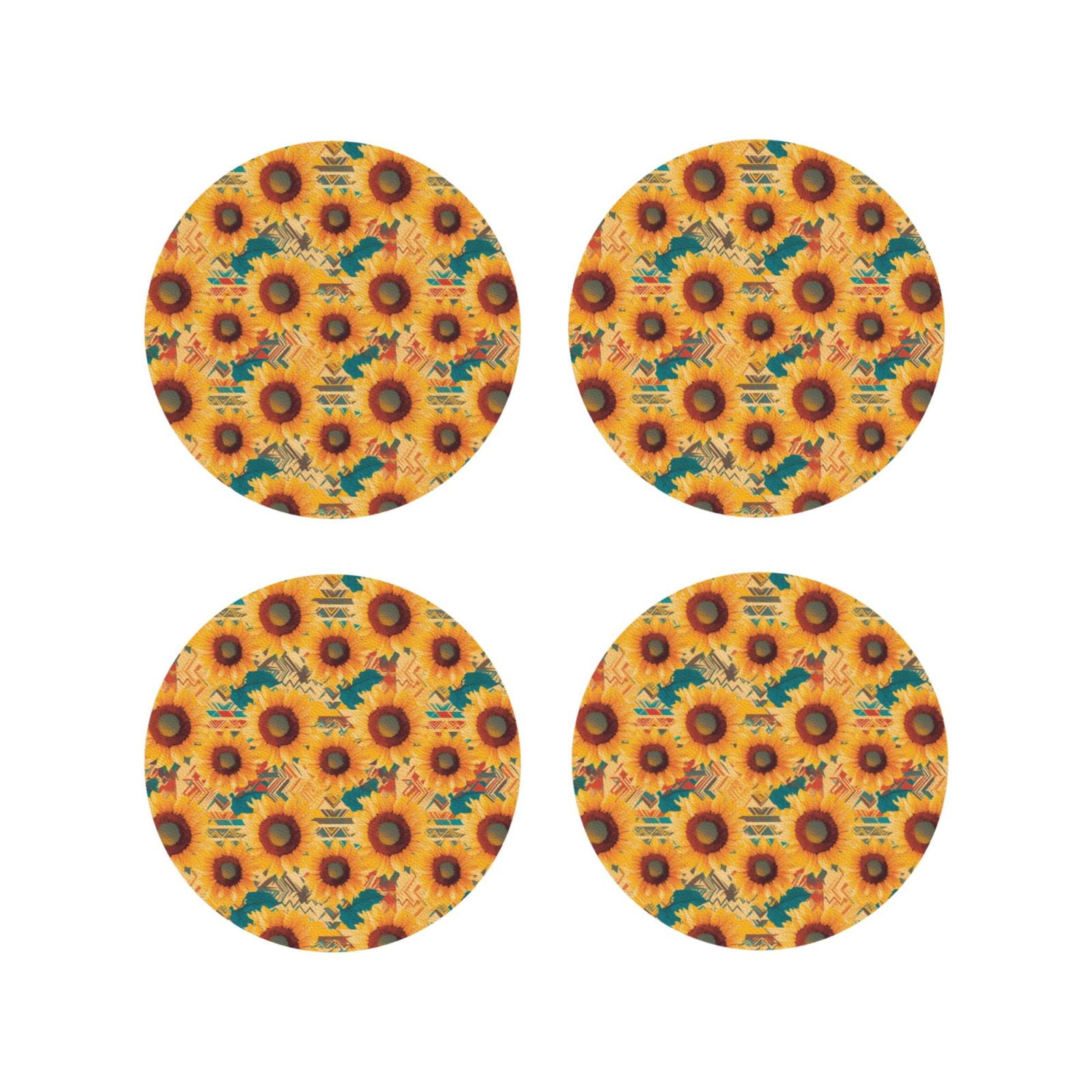 Drink Coasters Set of 4 - Beautiful Bohemian Sunflower Leather Coasters ...
