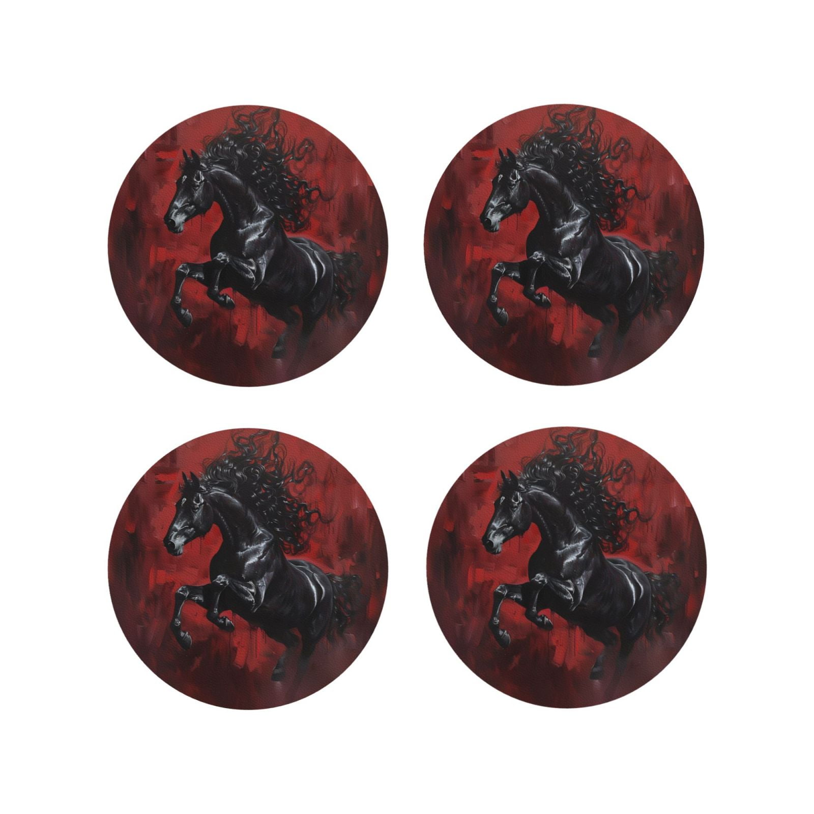 Drink Coasters Set of 4, Black Stallion On Red Canvas Leather Coasters ...