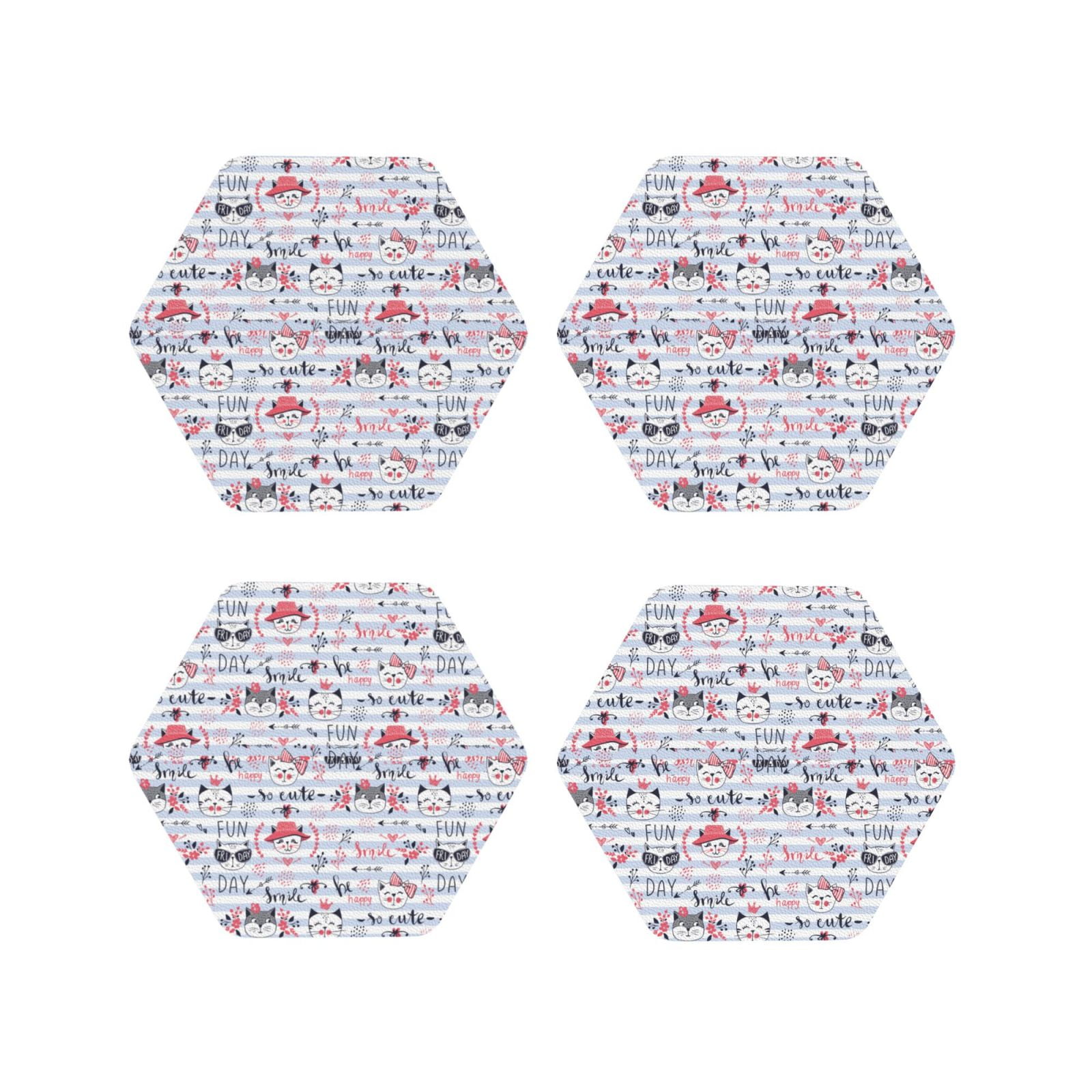 Drink Coasters Set of 4, Blue Stripes Lines Cute Cat Leather Coasters ...