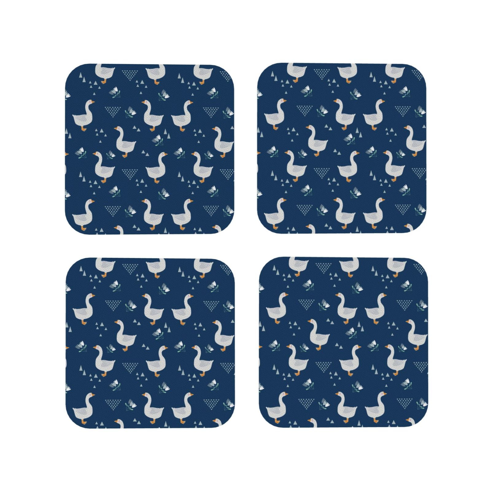 Drink Coasters Set of 4, Bohemian Cute Duck Navy Blue Leather Coasters ...