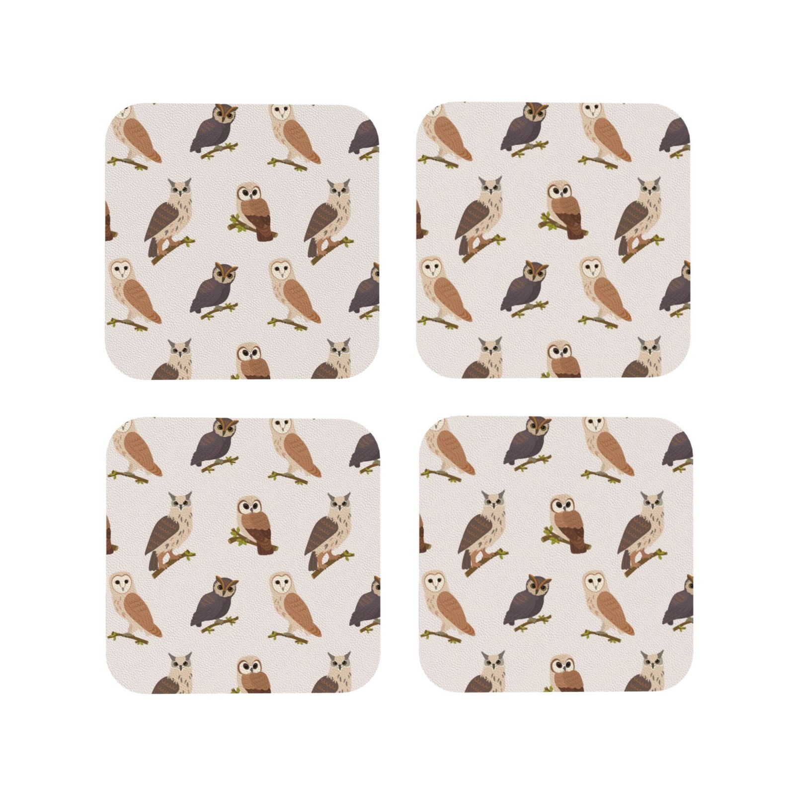 Drink Coasters Set of 4 - Branch Owls Leather Coasters for Coffee Table ...