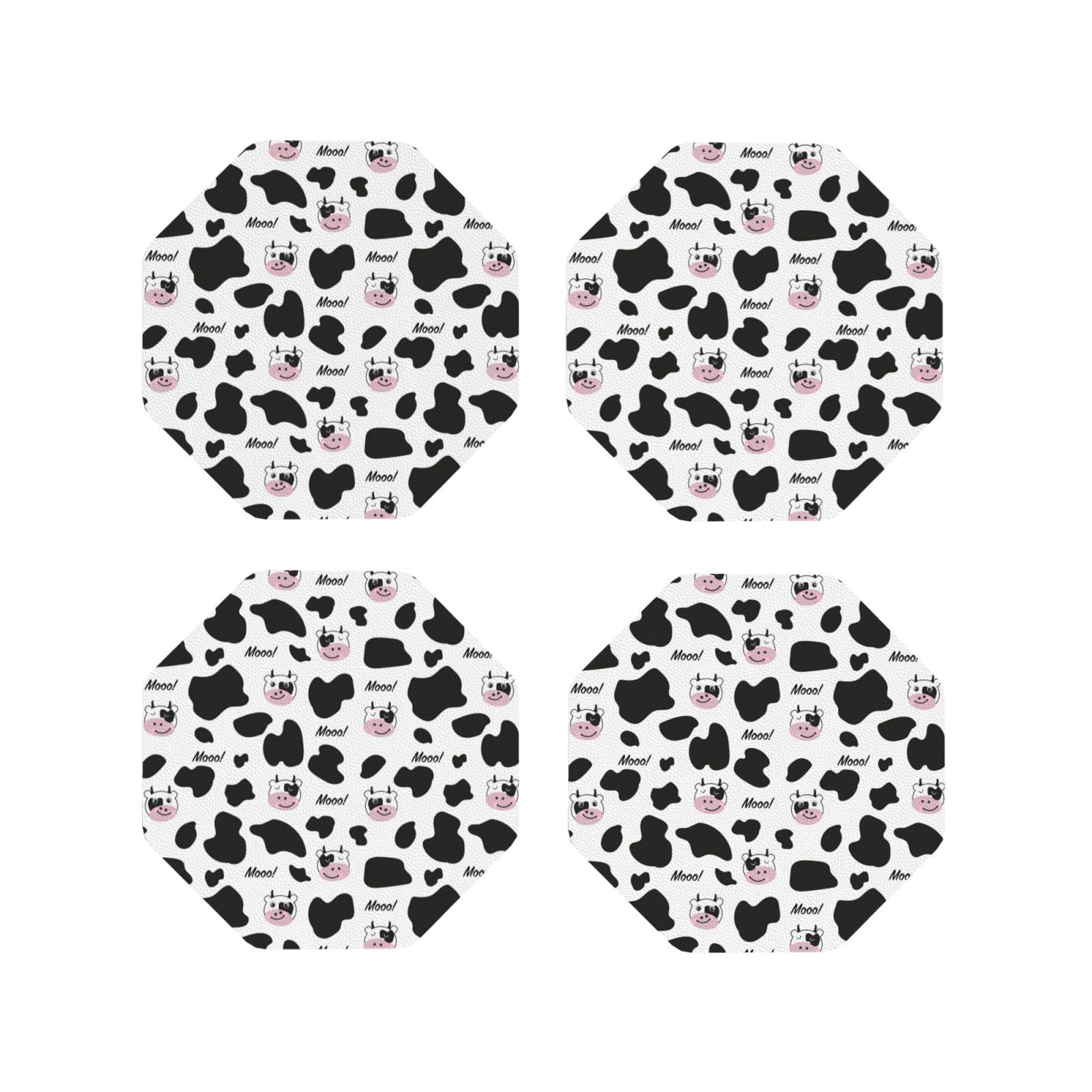 Drink Coasters Set of 4, Cartoon Cute Cow Print Cow Head Leather ...