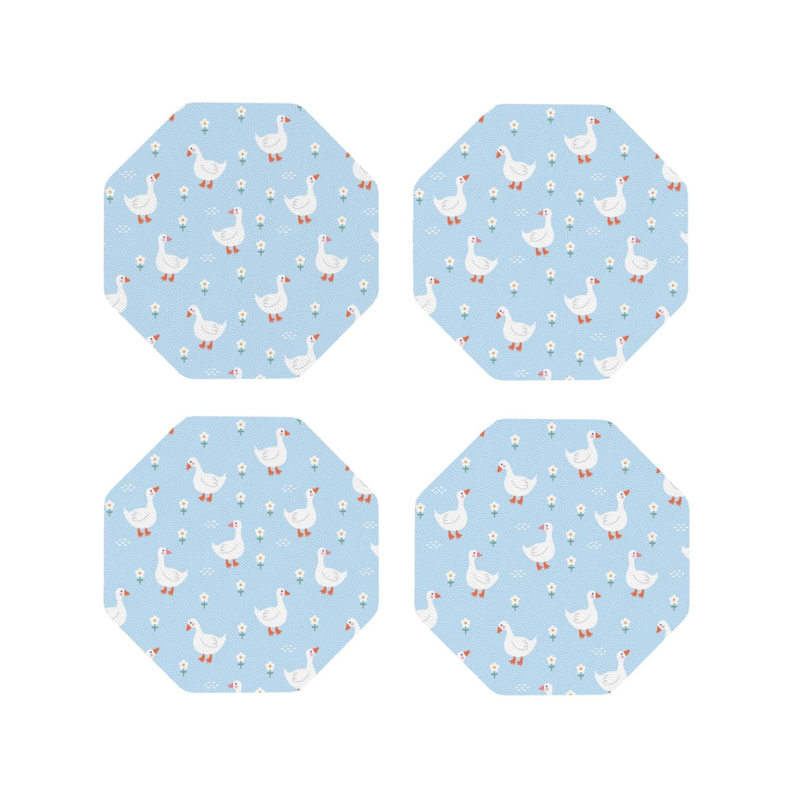 Drink Coasters Set of 4, Cartoon Cute Duck Flower Leather Coasters for ...