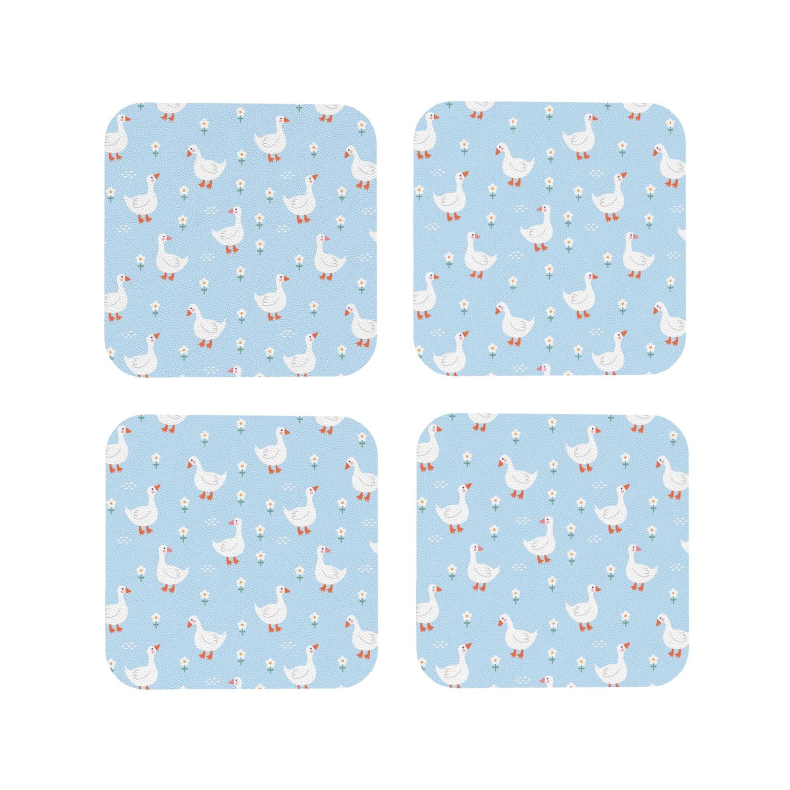 Drink Coasters Set of 4, Cartoon Cute Duck Flower Leather Coasters for ...