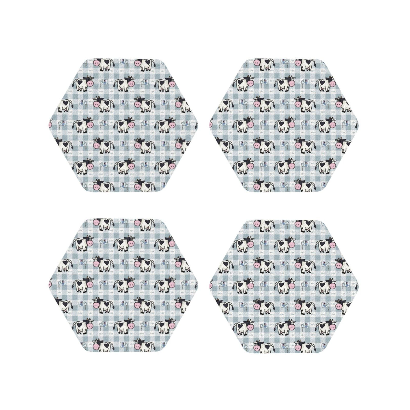 Drink Coasters Set of 4 - Cartoon Plaid Cute Cow Milk Leather Coasters ...