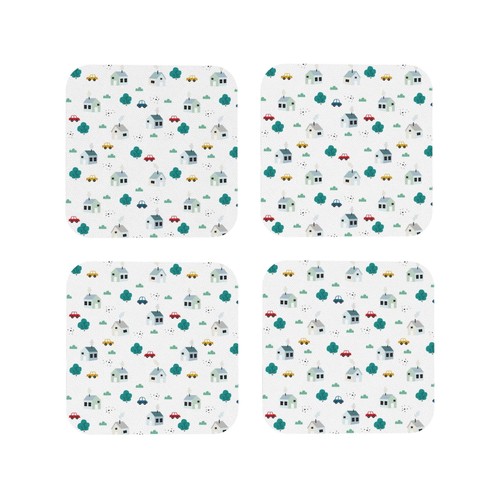 Drink Coasters Set of 4, Cartoon house car Leather Coasters for Coffee ...