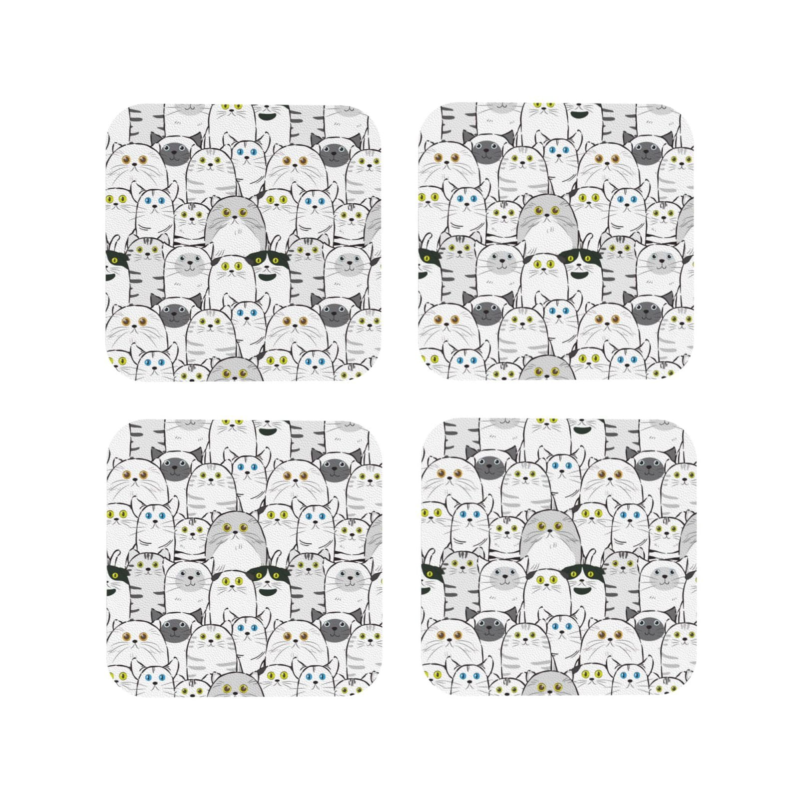 Drink Coasters Set of 4, Classic Cute Cartoon Cat Leather Coasters for ...