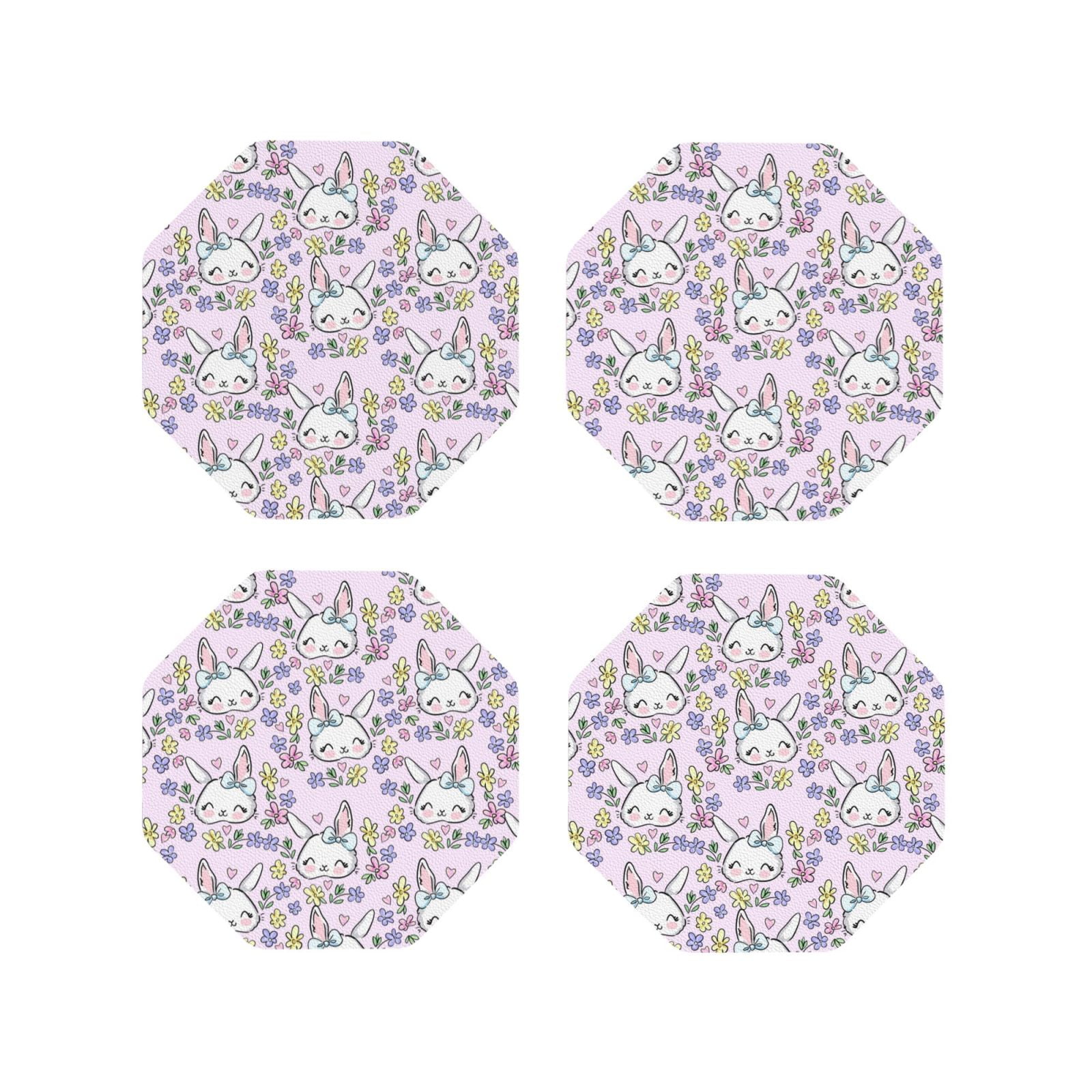 Drink Coasters Set of 4, Classic Cute Rabbit Flower Pink Leather ...