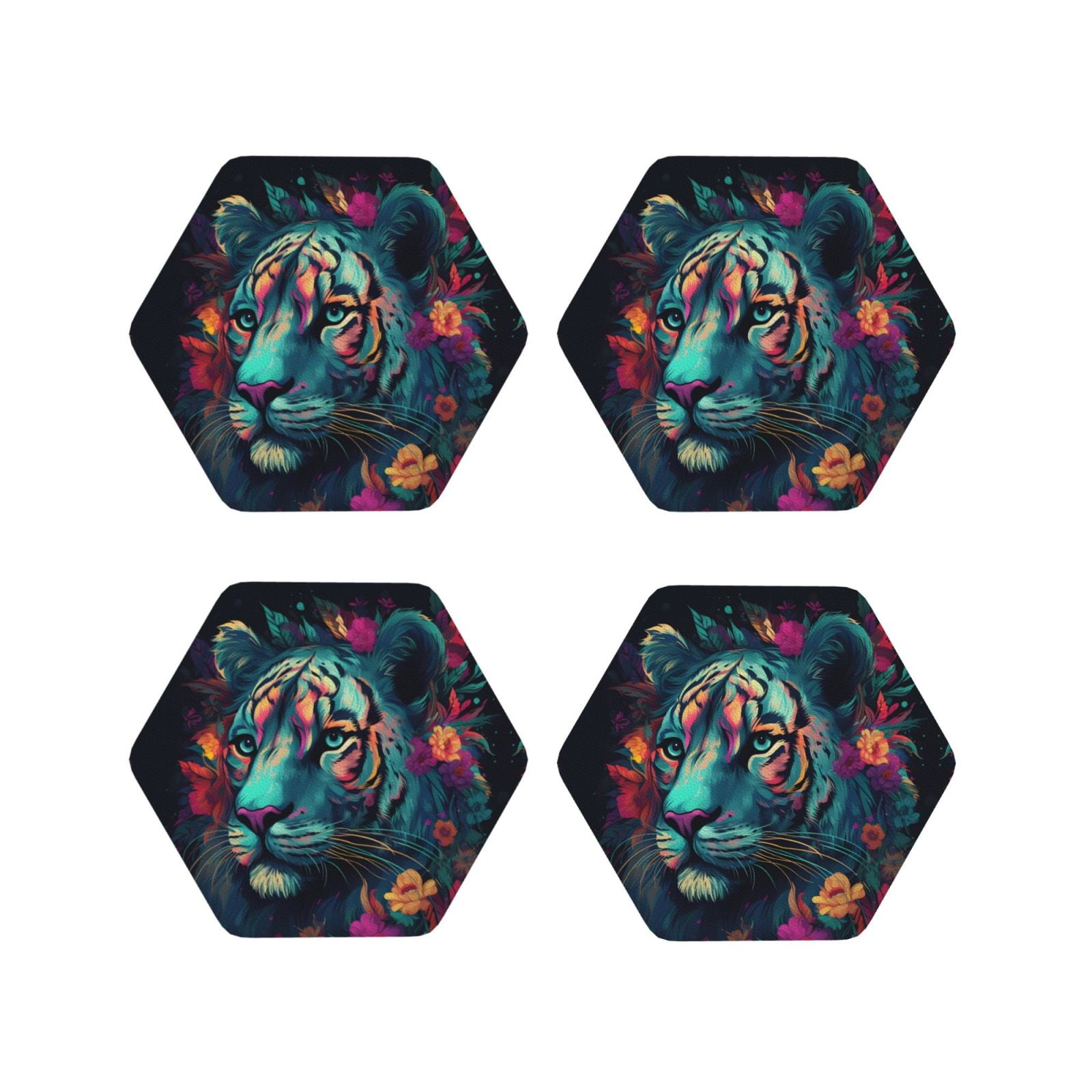 Drink Coasters Set of 4, Colorful Flower Tiger Leather Coasters for ...