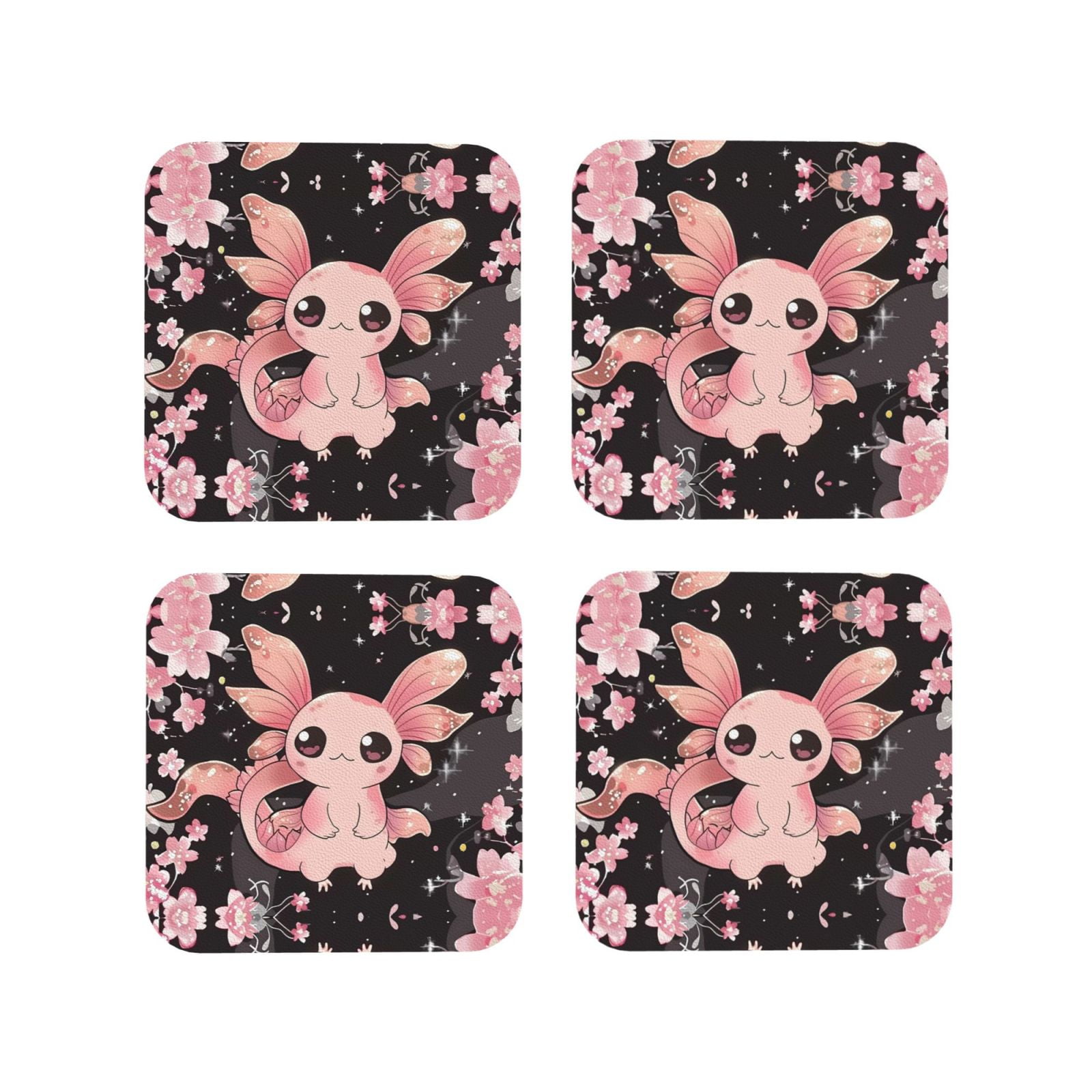 Drink Coasters Set of 4, Cute Axolotl Sakura Blossoms B Leather ...