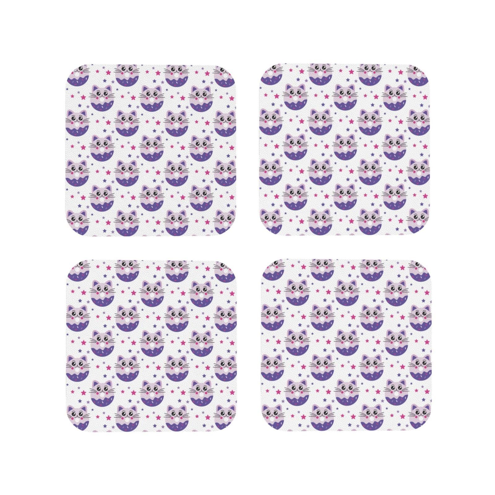Drink Coasters Set of 4 - Cute Cat Donut Print Purple Leather Coasters ...