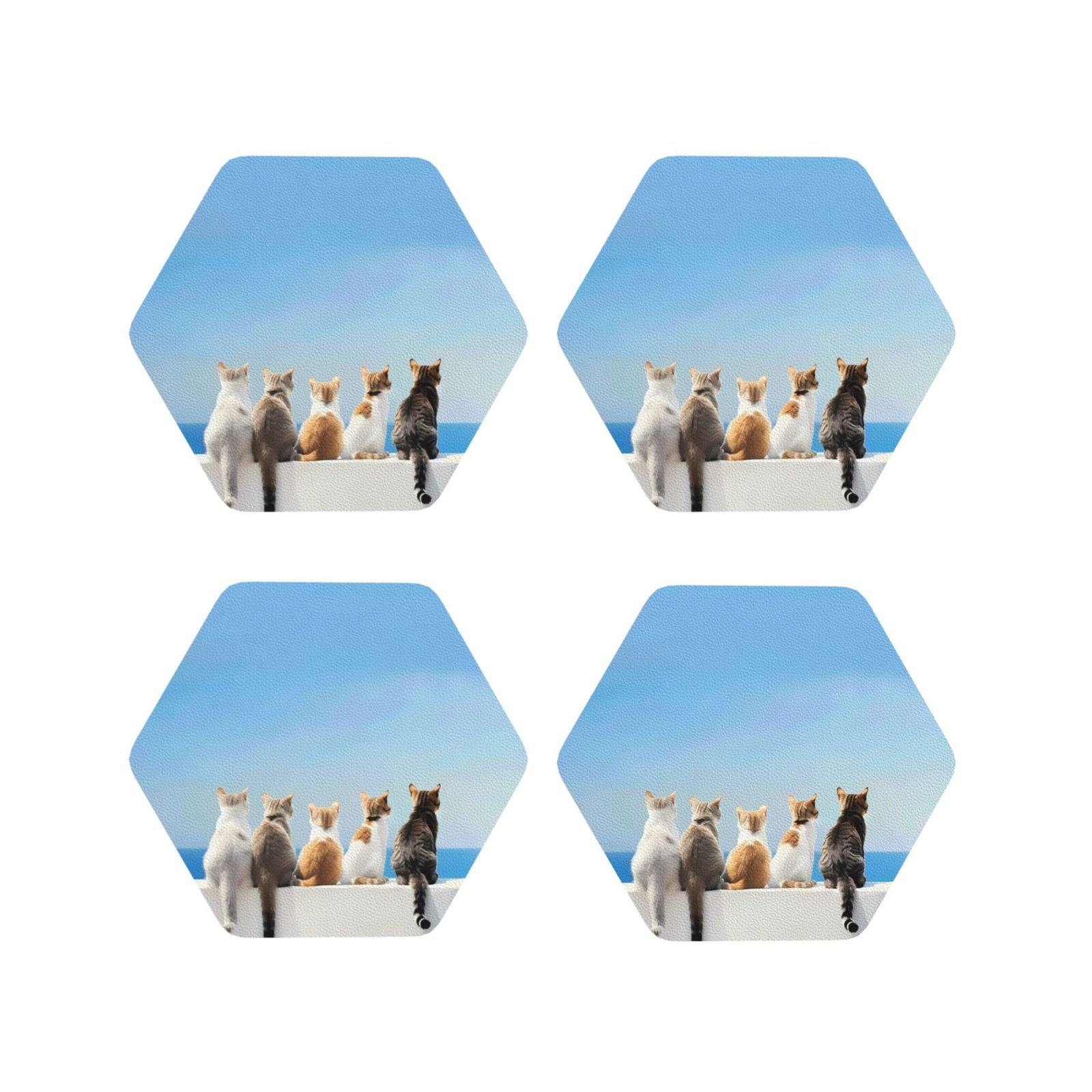 Drink Coasters Set of 4, Cute Cats Watching Ocean Leather Coasters for ...